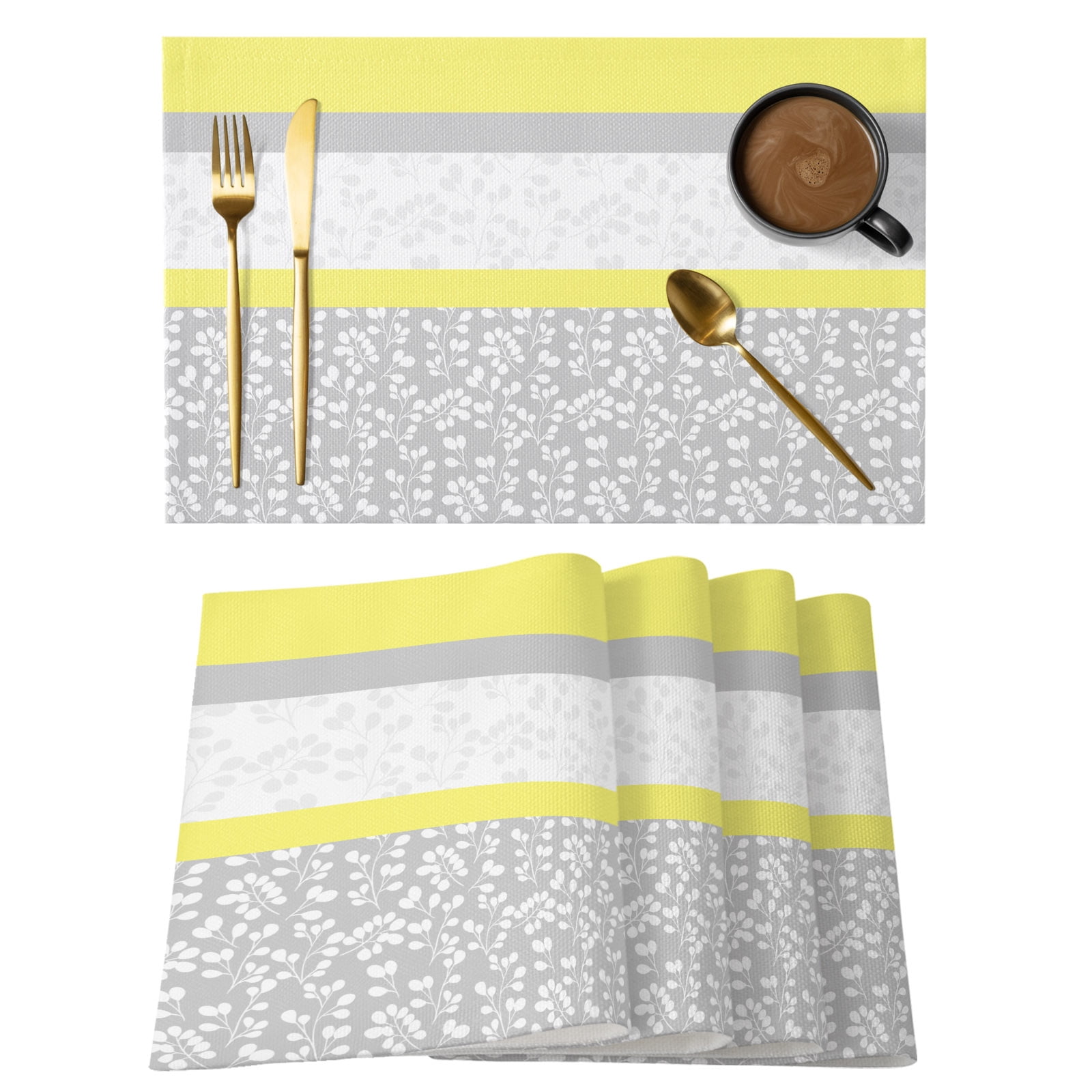 Abstract Yellow Cotton Linen Placemats Set of 8, Grey Stripes Floral ...