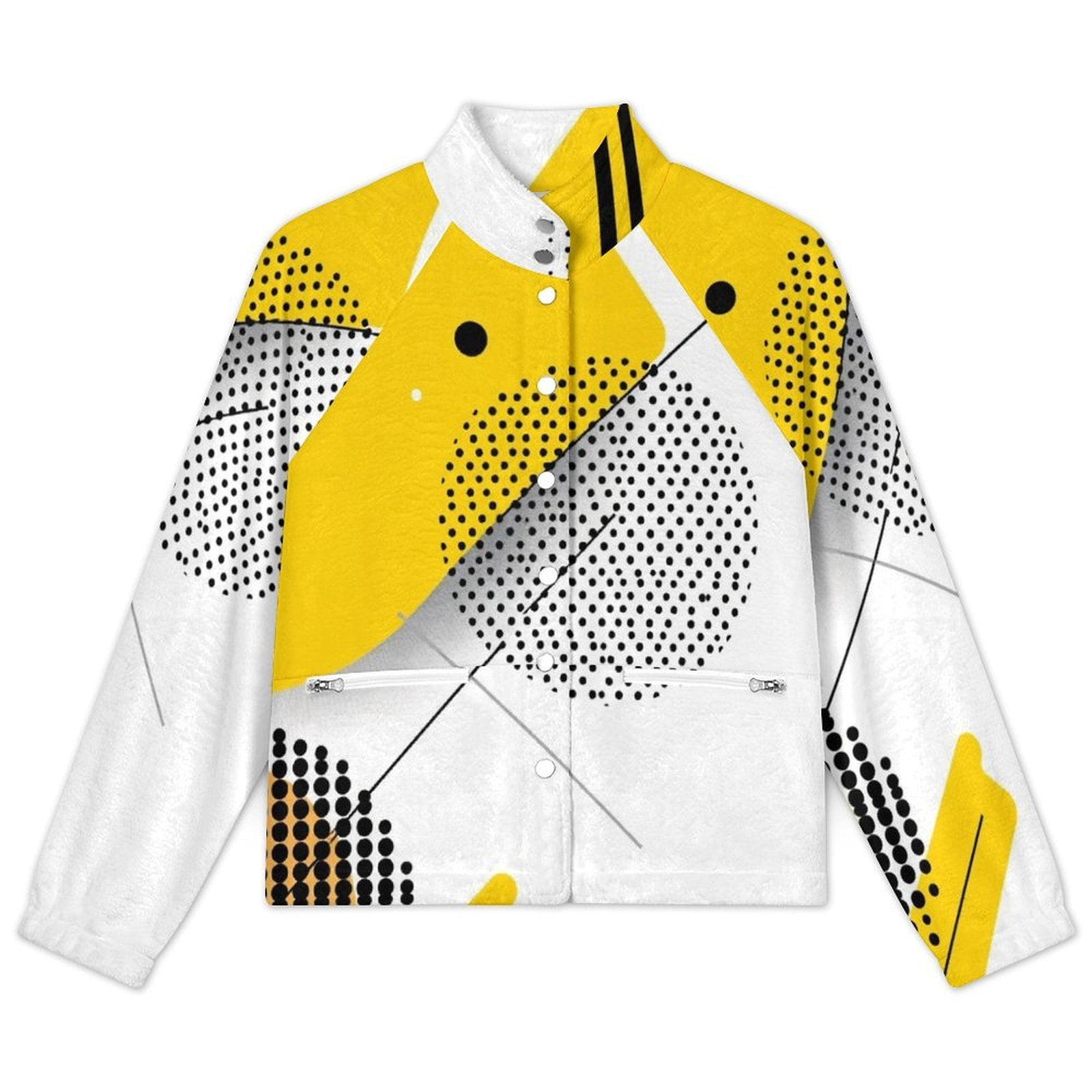 Abstract Yellow Design Warm Women's Plush Jacket Stand Collar Full ...