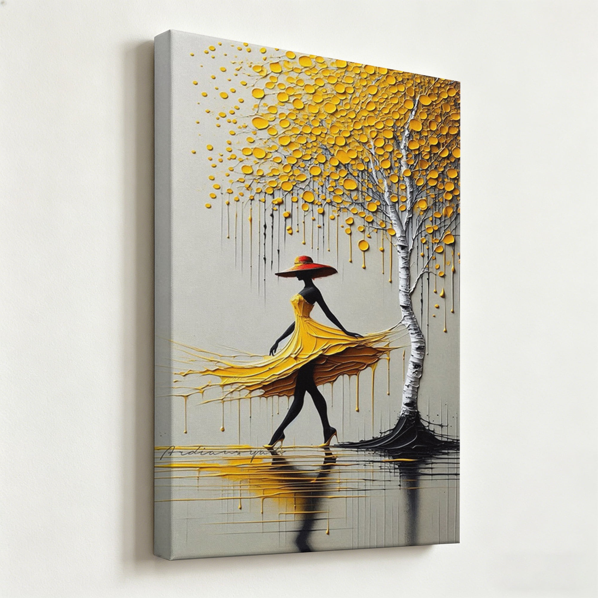 Abstract Yellow Dress Woman Framed Canvas Wall Art Modern Textured Tree ...