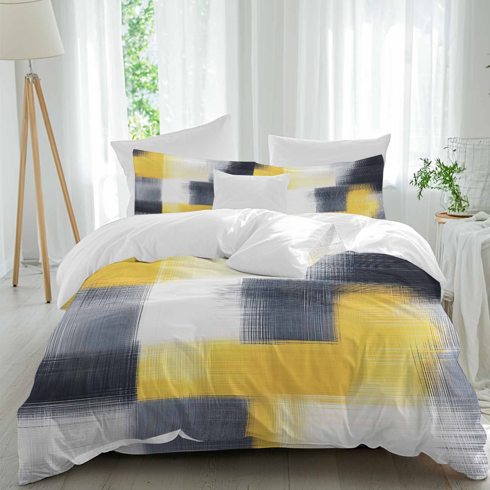 Abstract Yellow Duvet Cover Set Queen Size, Black Plaid Mottled ...