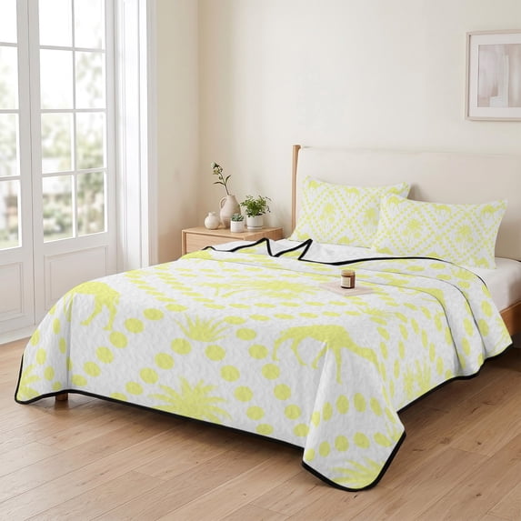 Abstract Yellow Elephants Palm-trees 3 Pieces Quilt Set,1 Quilt with 2 ...