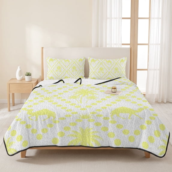 Abstract Yellow Elephants Palm-trees 3 Pieces Quilt Set,1 Quilt with 2 ...