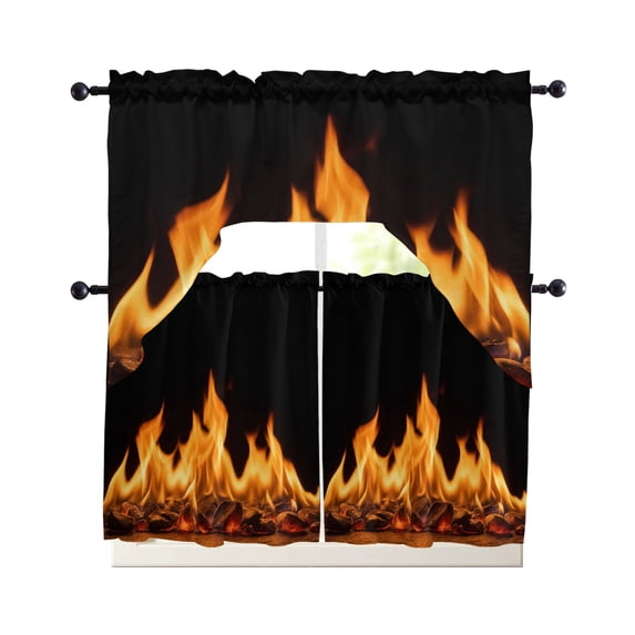 Abstract Yellow Flame Kitchen Curtains Set for Windows 3 Piece Cafe ...
