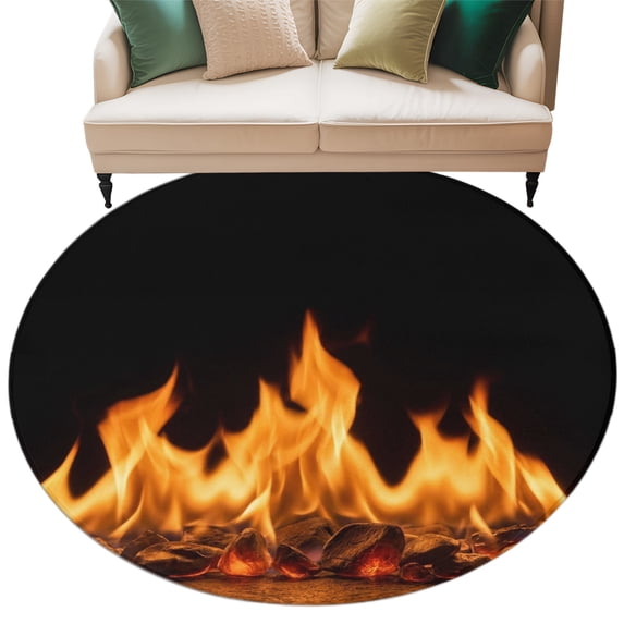Abstract Yellow Flame Round Rug 7ft Washable Circle Rugs Non Slip ...