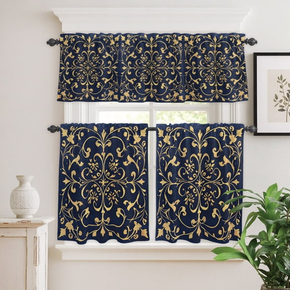 Abstract Yellow Flower Pattern on Blue Curtain Tier and Valance Set 3 ...