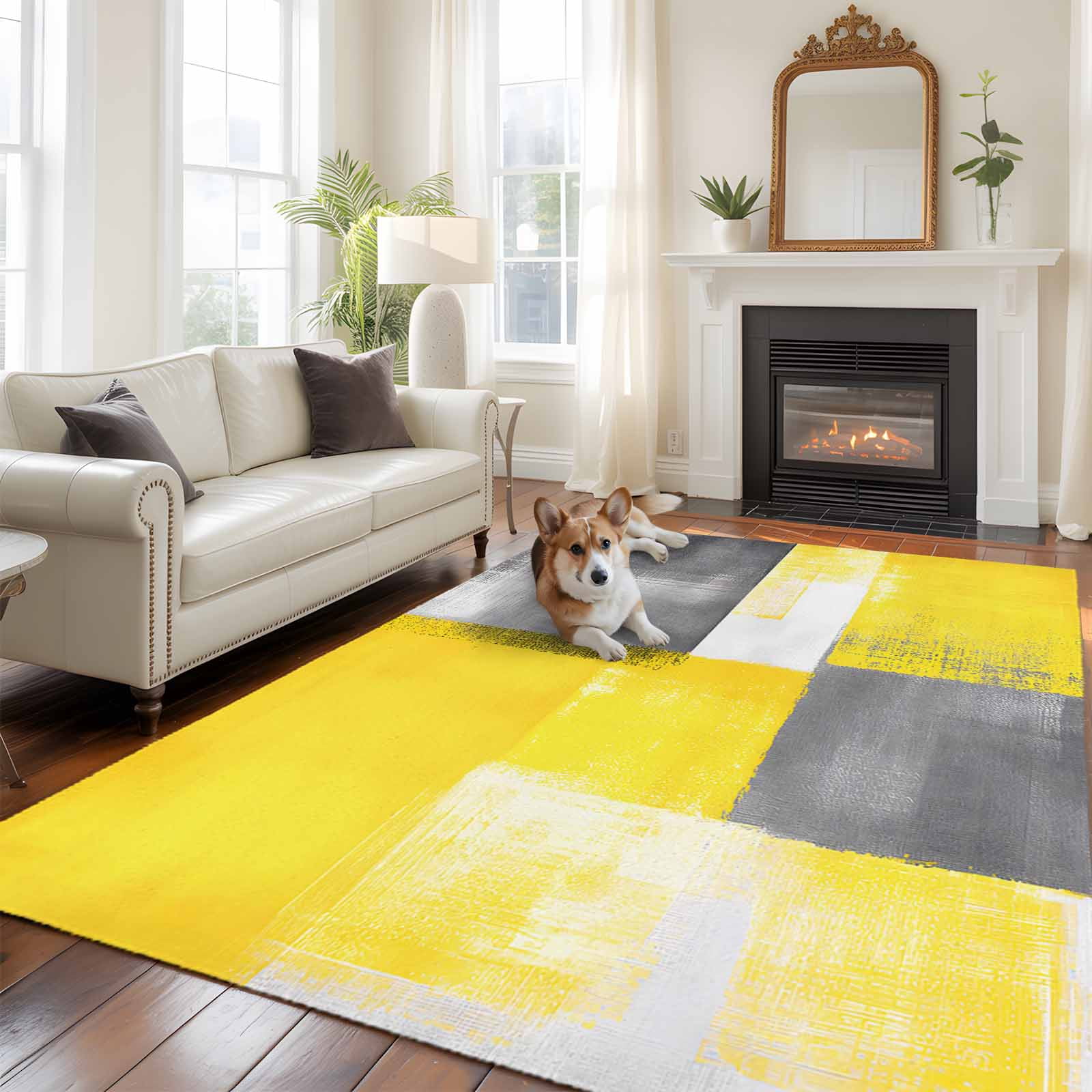 Abstract Yellow Gary Paint Large Area Rugs 8x10 ft Retro Mottled Oil ...