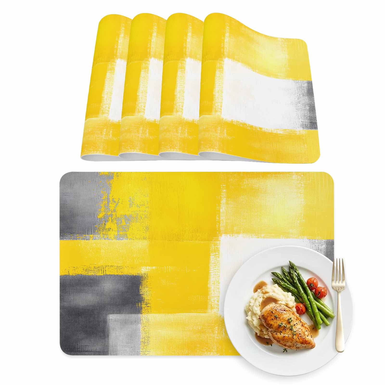 Abstract Yellow Gary Paint Leather Placemats Set of 4, 12x18 Inch ...