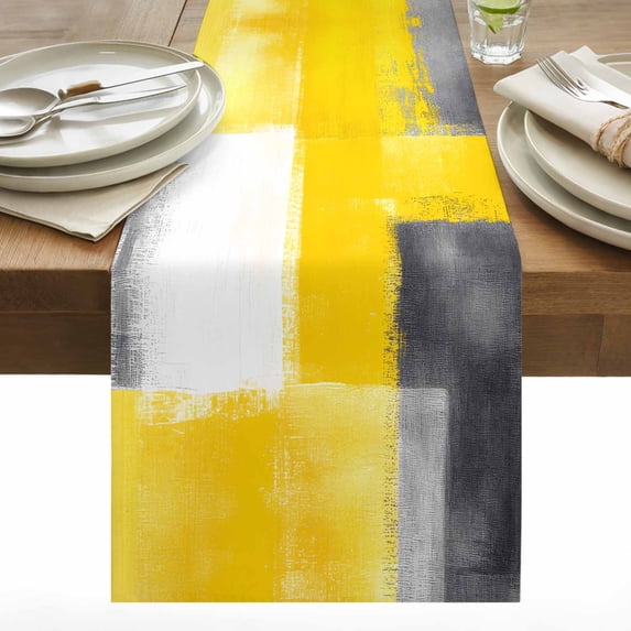 Abstract Yellow Gary Paint Table Runner 13x48 inch Mottled Retro Oil ...