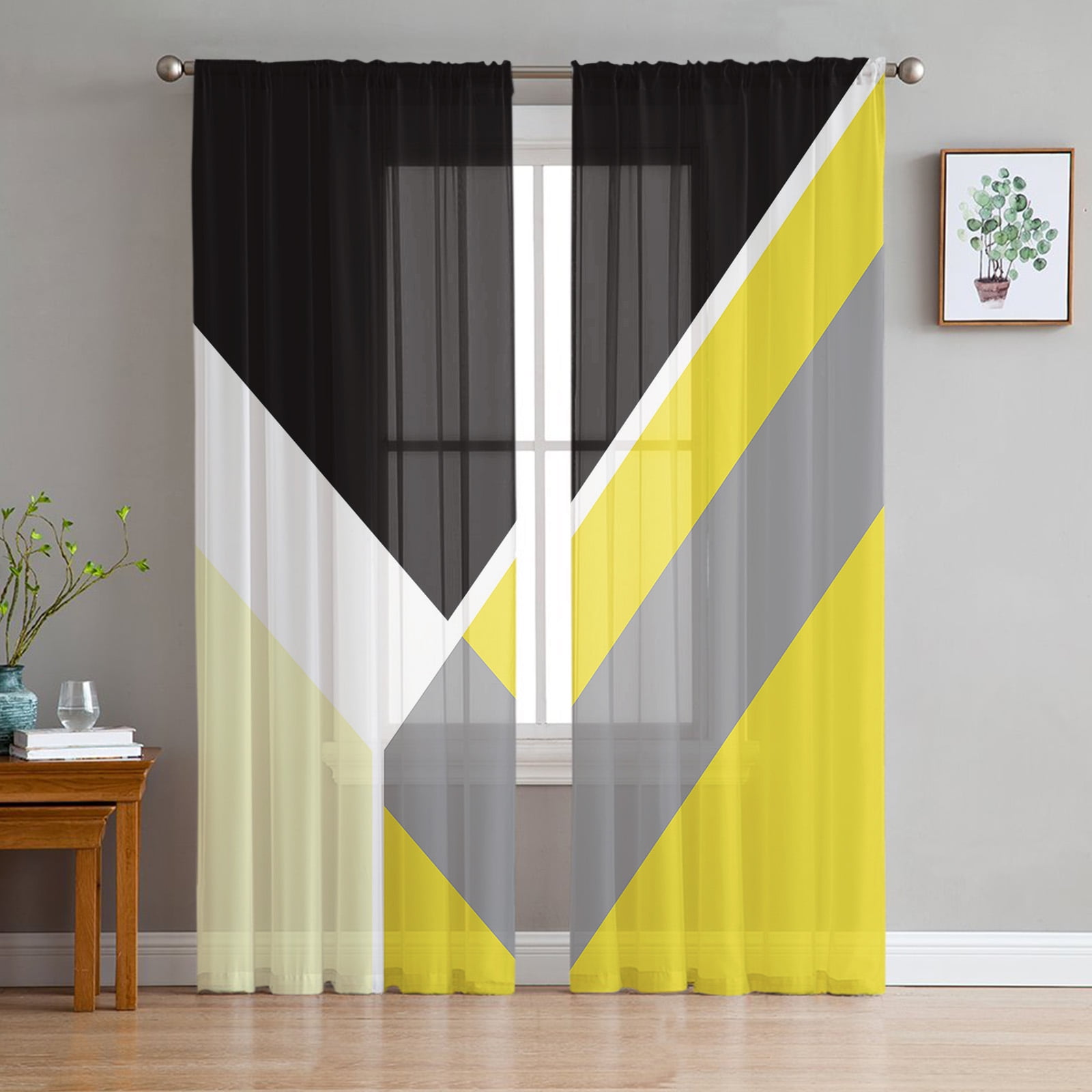 Abstract Yellow Geometric Texture Sheer Curtains for Living Room ration ...