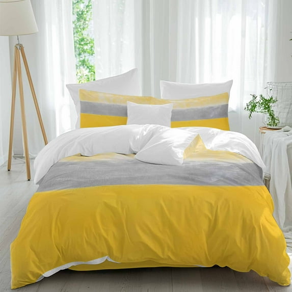 Abstract Yellow Gray Duvet Cover Set Full Size, Geometric 4 Piece Soft ...