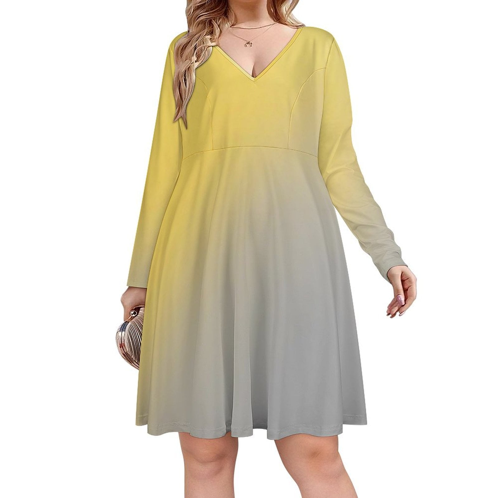 Abstract Yellow Gray Gradient Long Sleeve Dresses For Women Vintage Elegant Party Dress ...