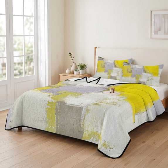 Abstract Yellow Gray Graffiti 3 Pieces Quilt Set,1 Quilt with 2 Shams ...