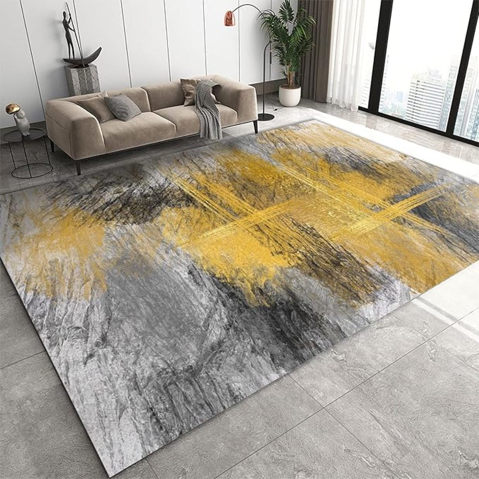 Abstract Yellow Gray Graffiti Area Rug, Retro Art Non Slip Carpet, Low ...