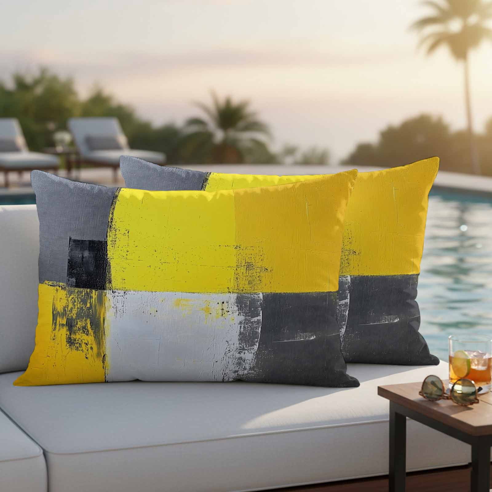 Abstract Yellow Gray Outdoor Pillow Covers 20x12 Inch Lumbar Pillow ...