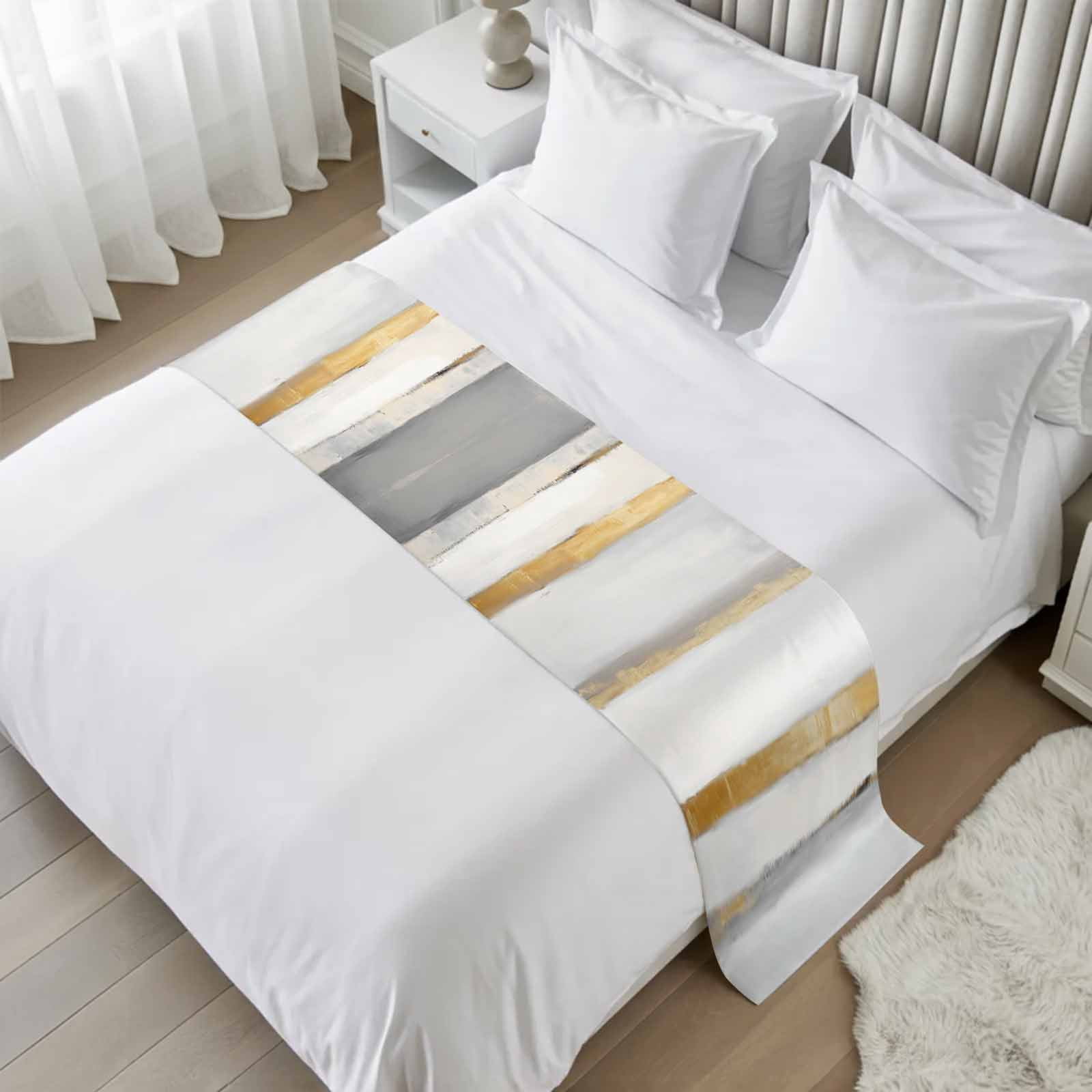 Abstract Yellow Gray White Stripes Bed Runner Scarf, Simple Style Twin ...