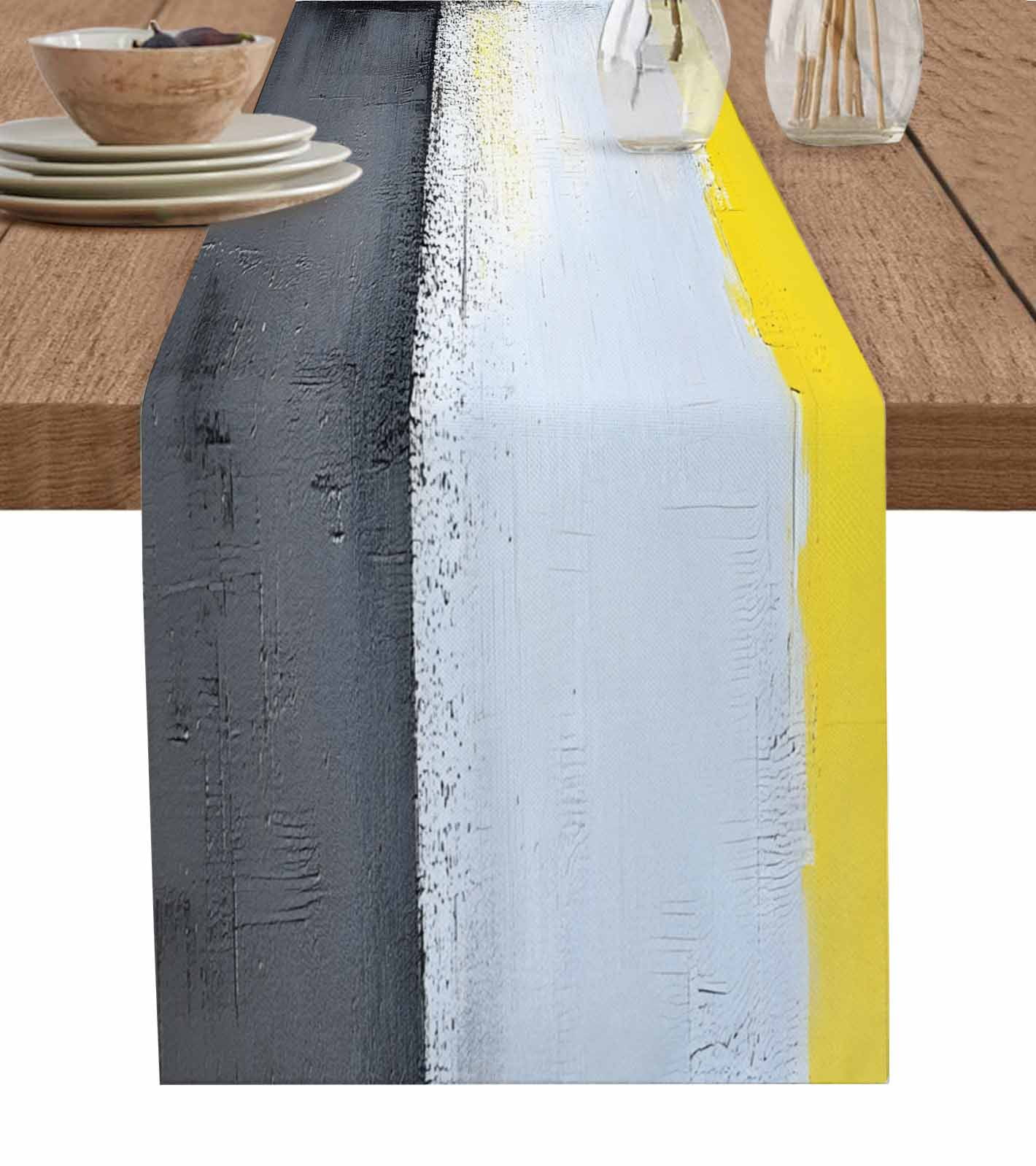 Abstract Yellow Grey Burlap Cotton Table Runner 13x90 Inches Long ...
