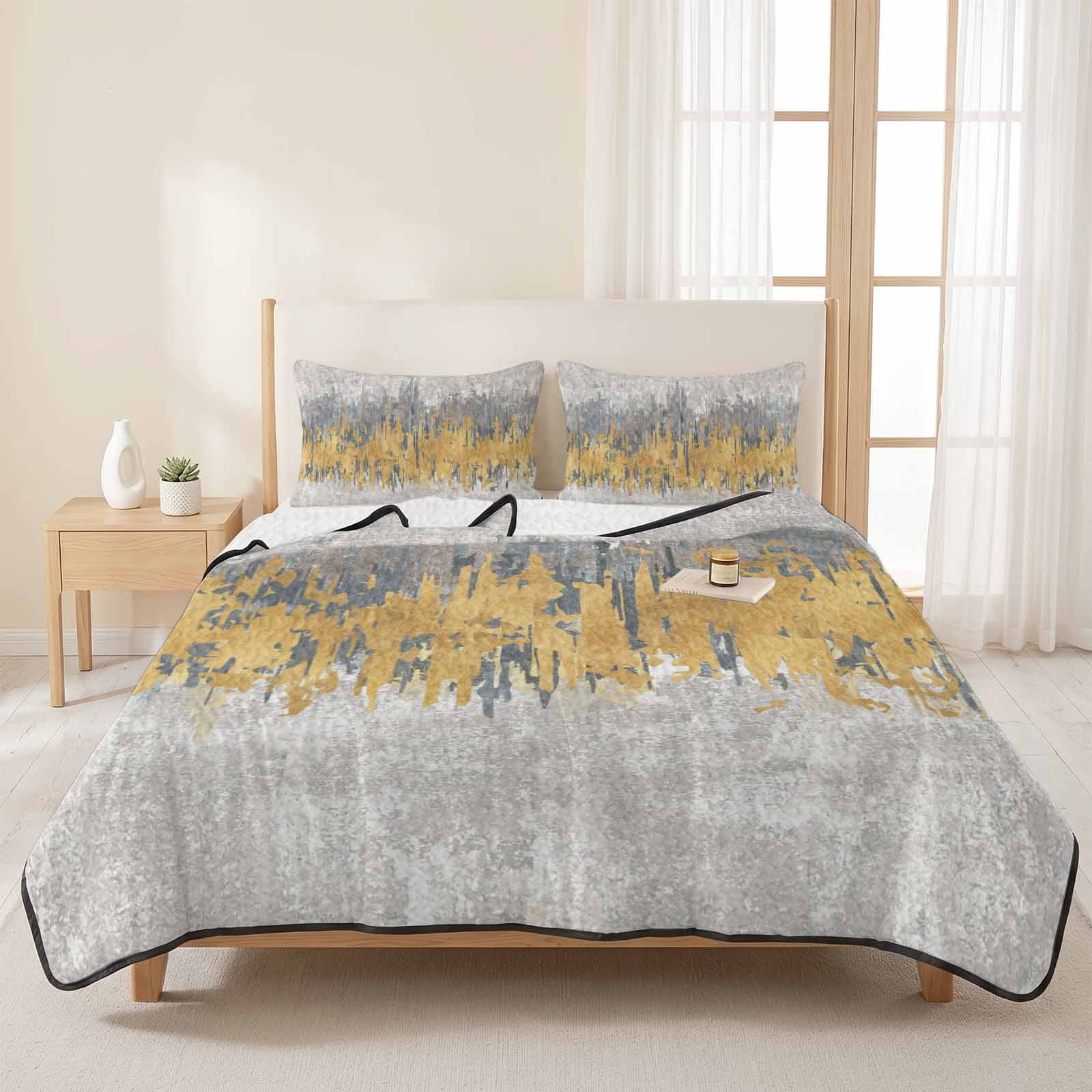 Abstract Yellow Grey Graffiti 3 Pieces Quilt Set,1 Quilt with 2 Shams ...