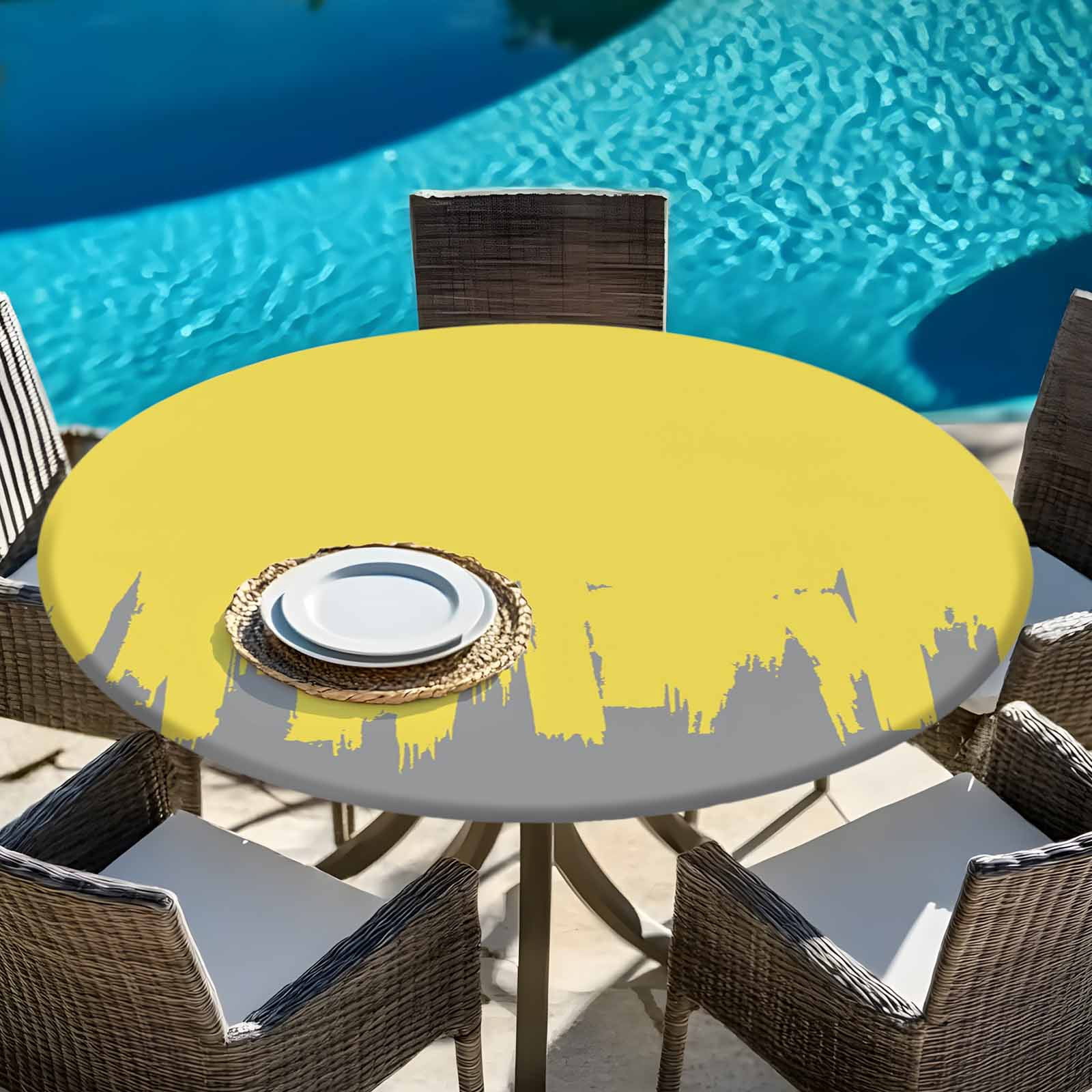 Abstract Yellow Grey Graffiti Round Fitted Tablecloth with Elastic Edge ...
