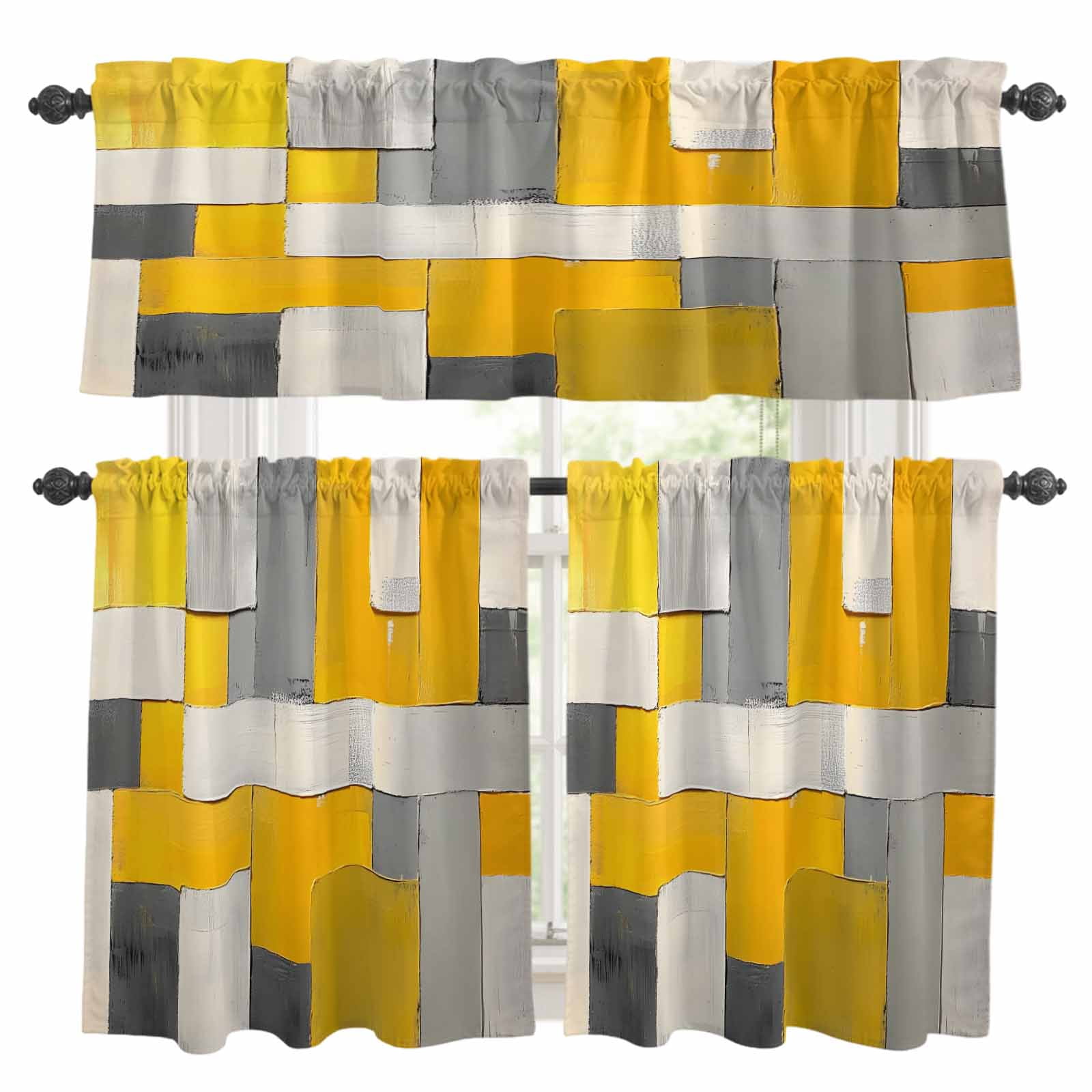Abstract Yellow Kitchen Curtains Valances and Tiers Set of 3 White ...