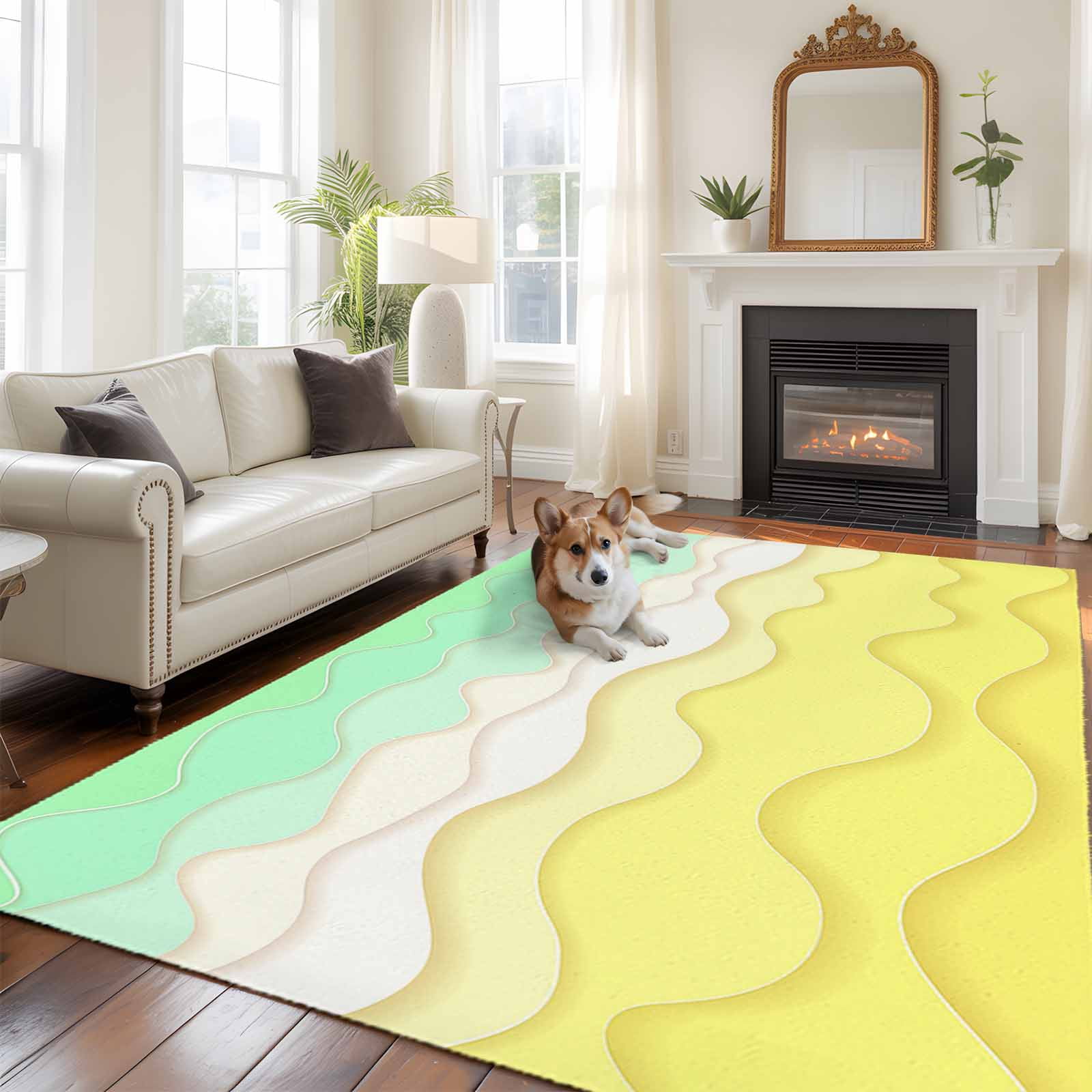Abstract Yellow Large Area Rugs 8x10 ft Green and White Ombre Ocean ...
