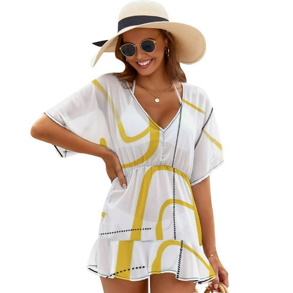 Abstract Yellow Minimalist Art Design Beach Cover Ups Women V Neck ...