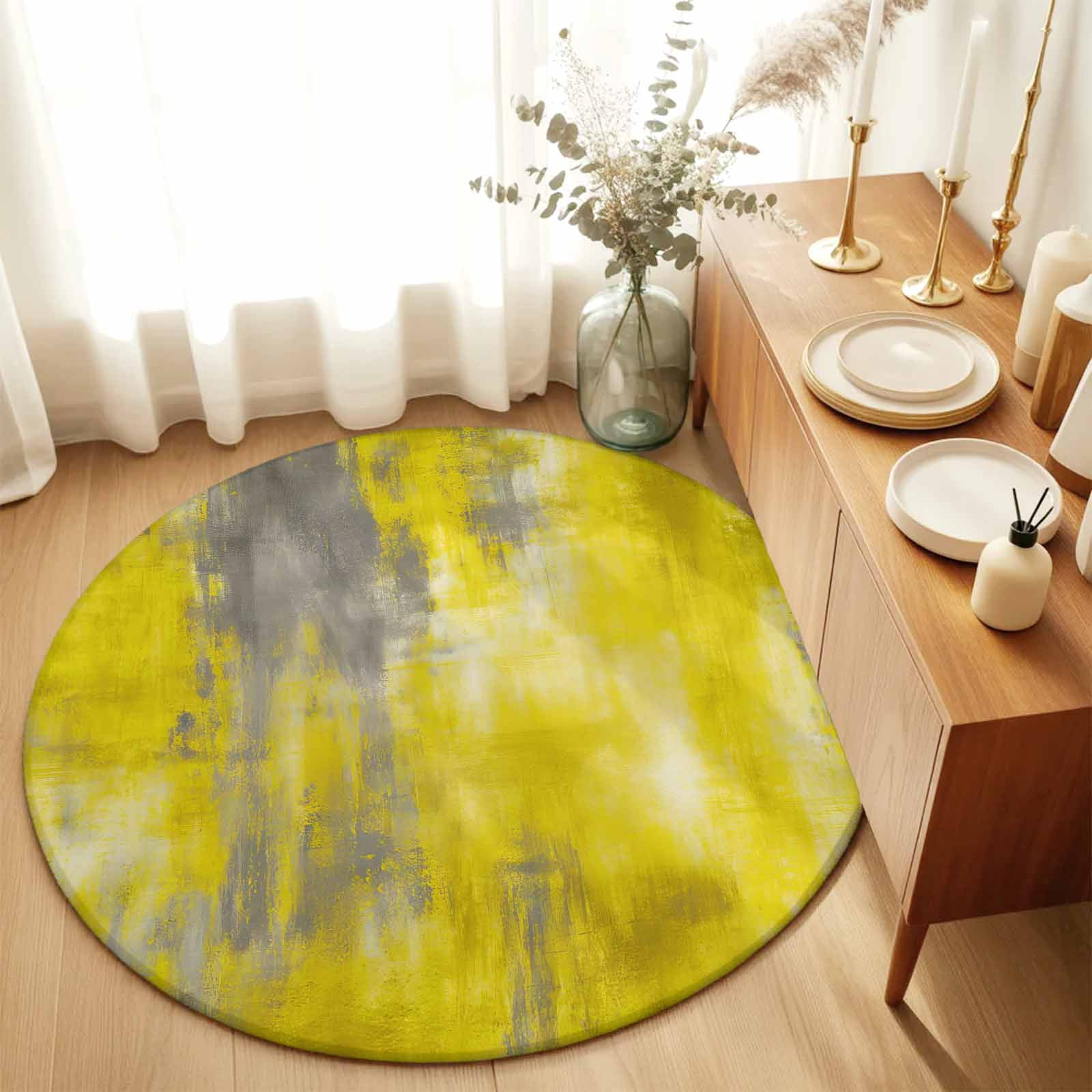 Abstract Yellow Mottled Texture Round Area Rug 3ft,Living Room Rug Non ...