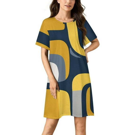 Abstract Yellow Navy Gray Art Women Nightgown Sleepwear Short Sleeves ...