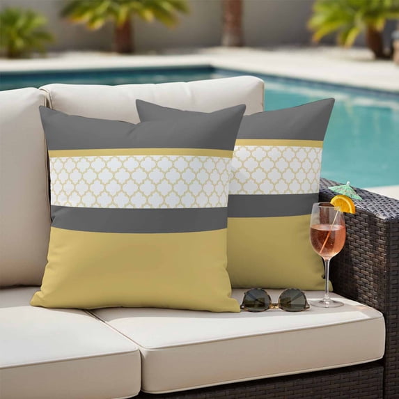 Abstract Yellow Outdoor Throw Pillow Covers Set of 2, Grey Stripes ...