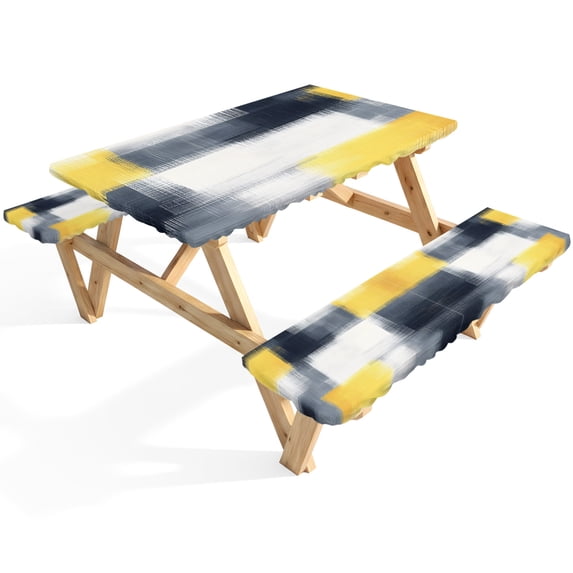 Abstract Yellow Picnic Table Cover with Bench Covers Black Plaid ...