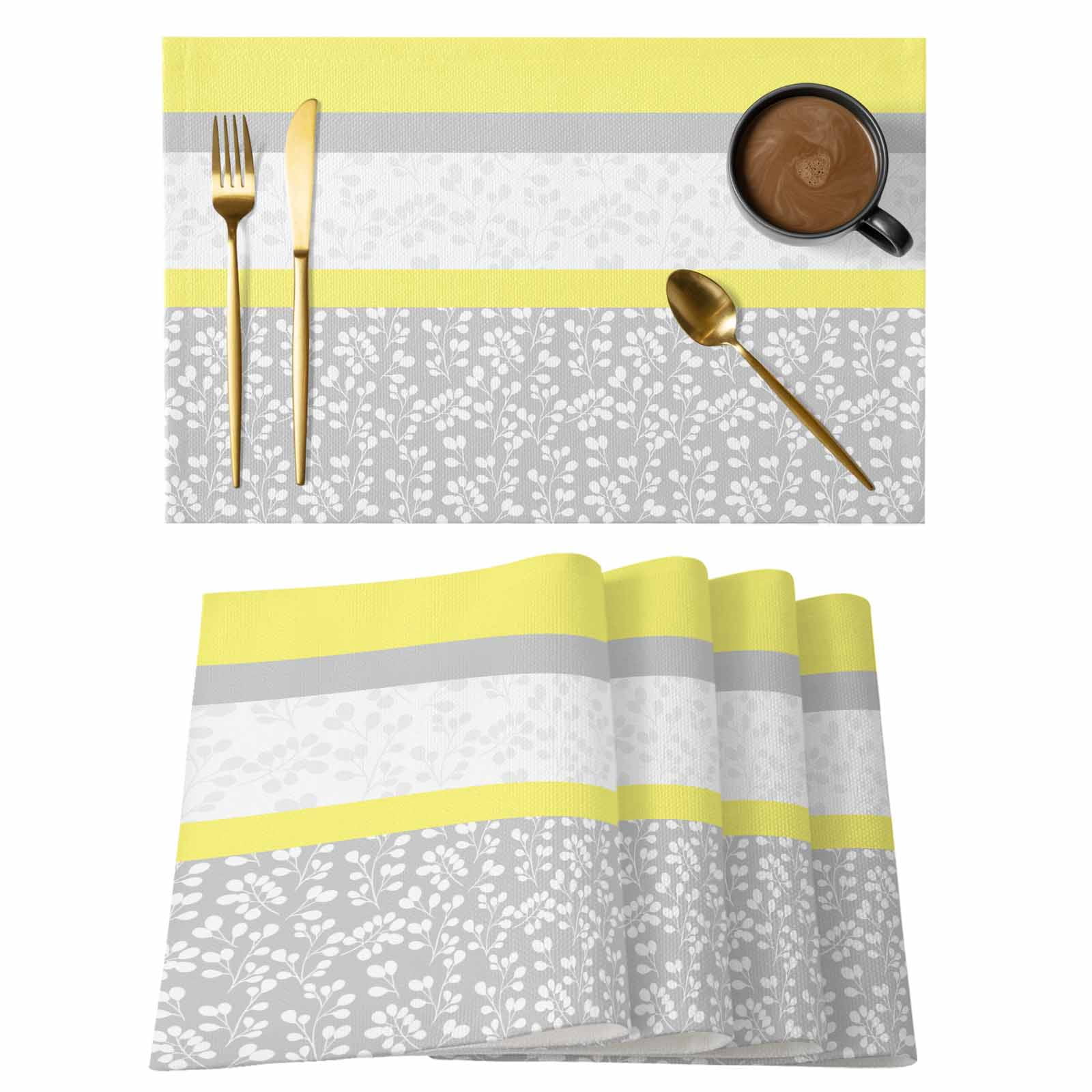 Abstract Yellow Placemats Set of 12, Grey Stripes Floral Plant Modern ...