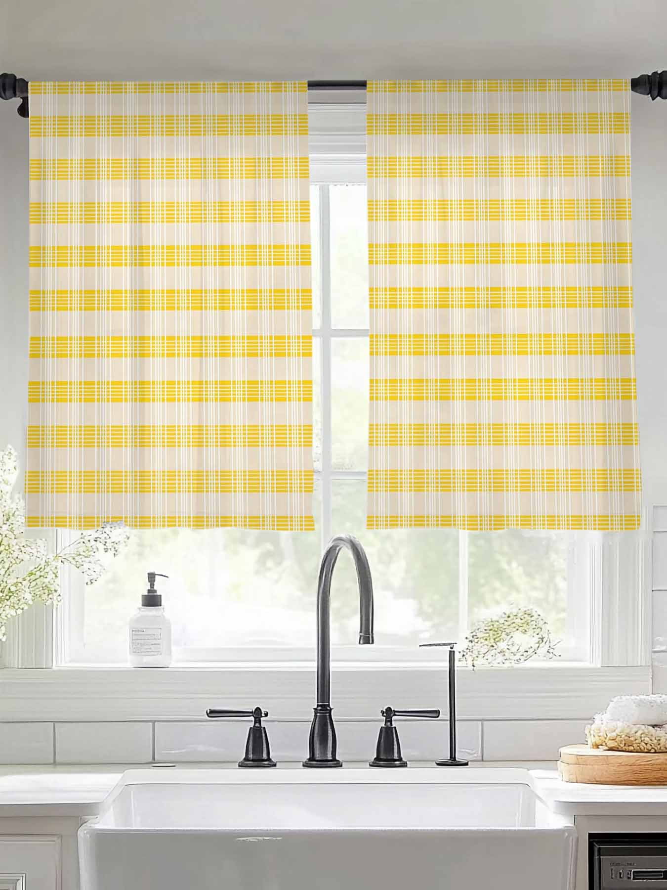 Abstract Yellow Plaid Vintage Grid Chiffon Sheer Curtains 45 Inches ...