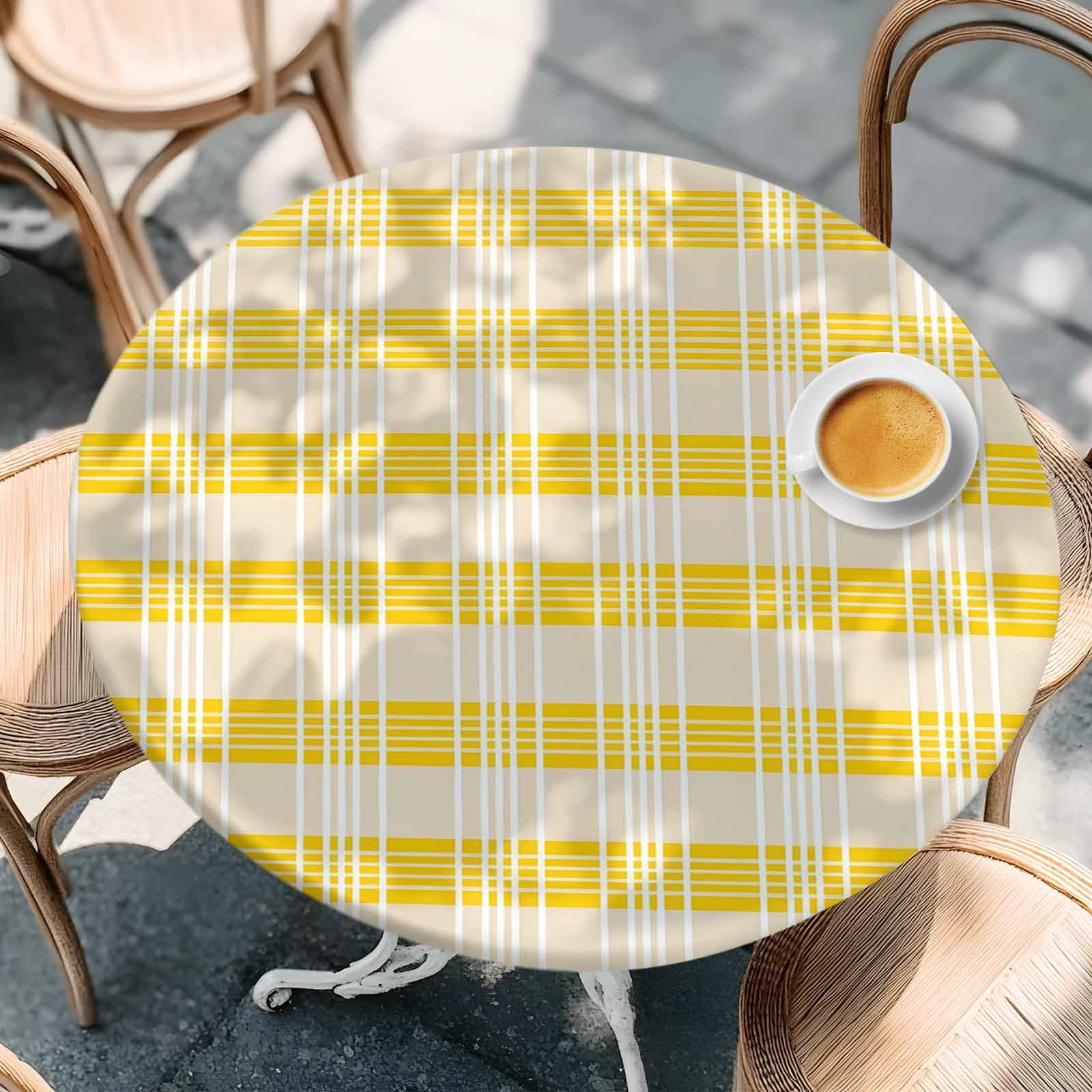 Abstract Yellow Plaid Vintage Grid Round Fitted Tablecloth with Elastic ...