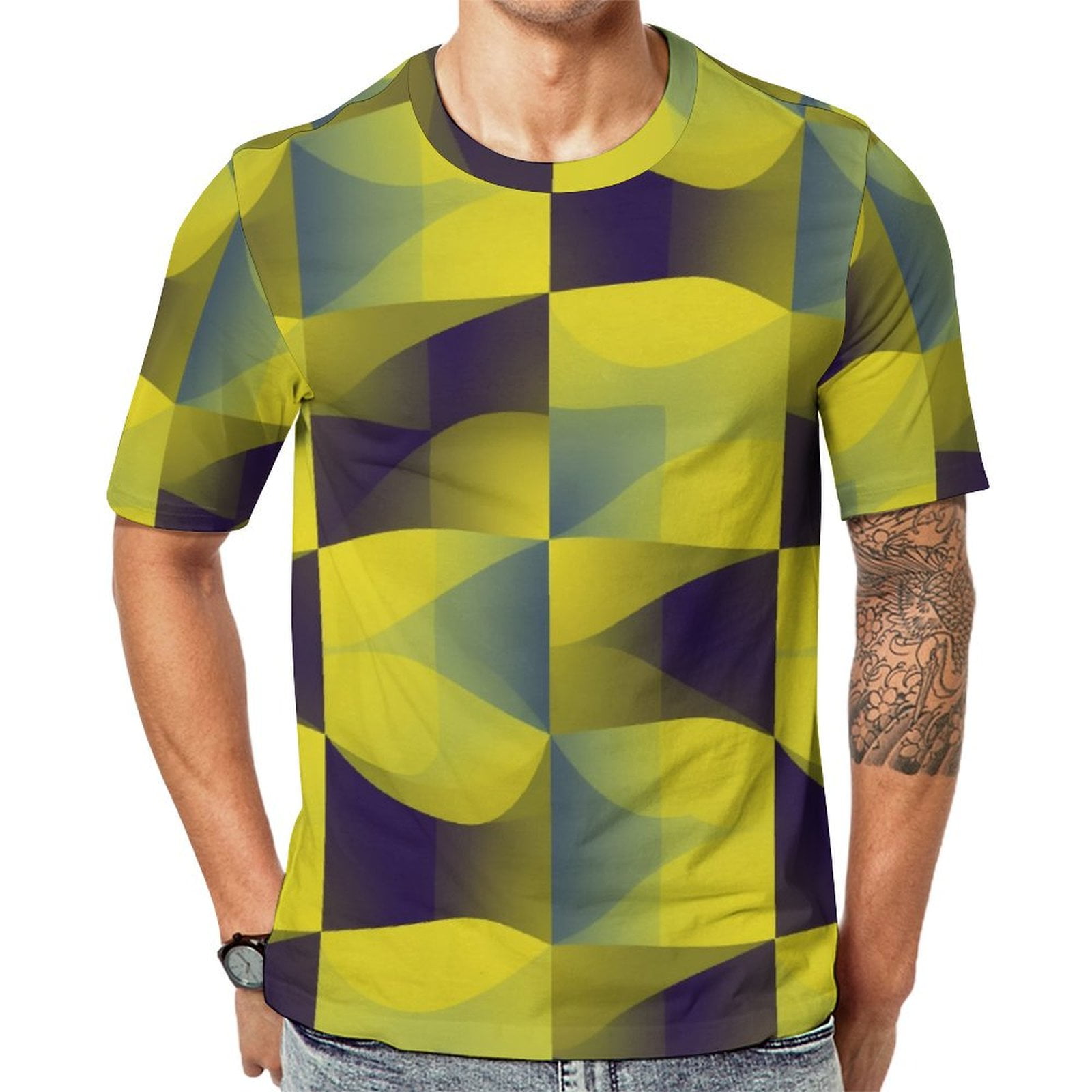 Abstract Yellow Purple Wavy Grid Pattern T-Shirt Man Fun Gym T Shirts ...