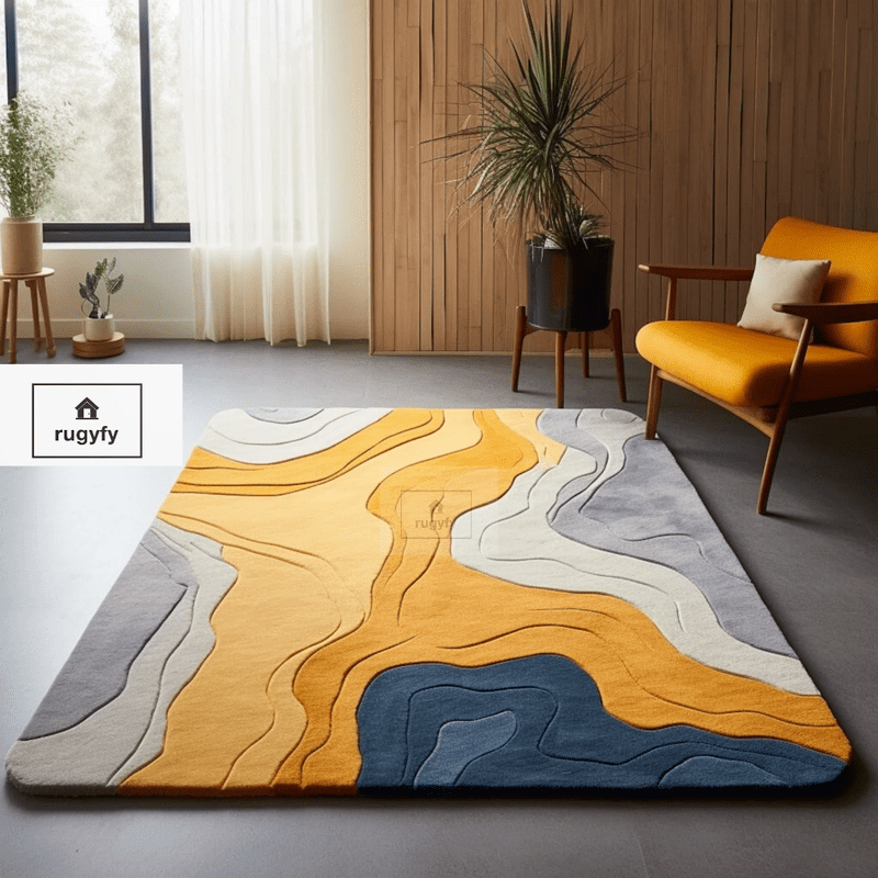 Abstract Yellow River Design Rectangular Shape Premium Hand Tufted ...