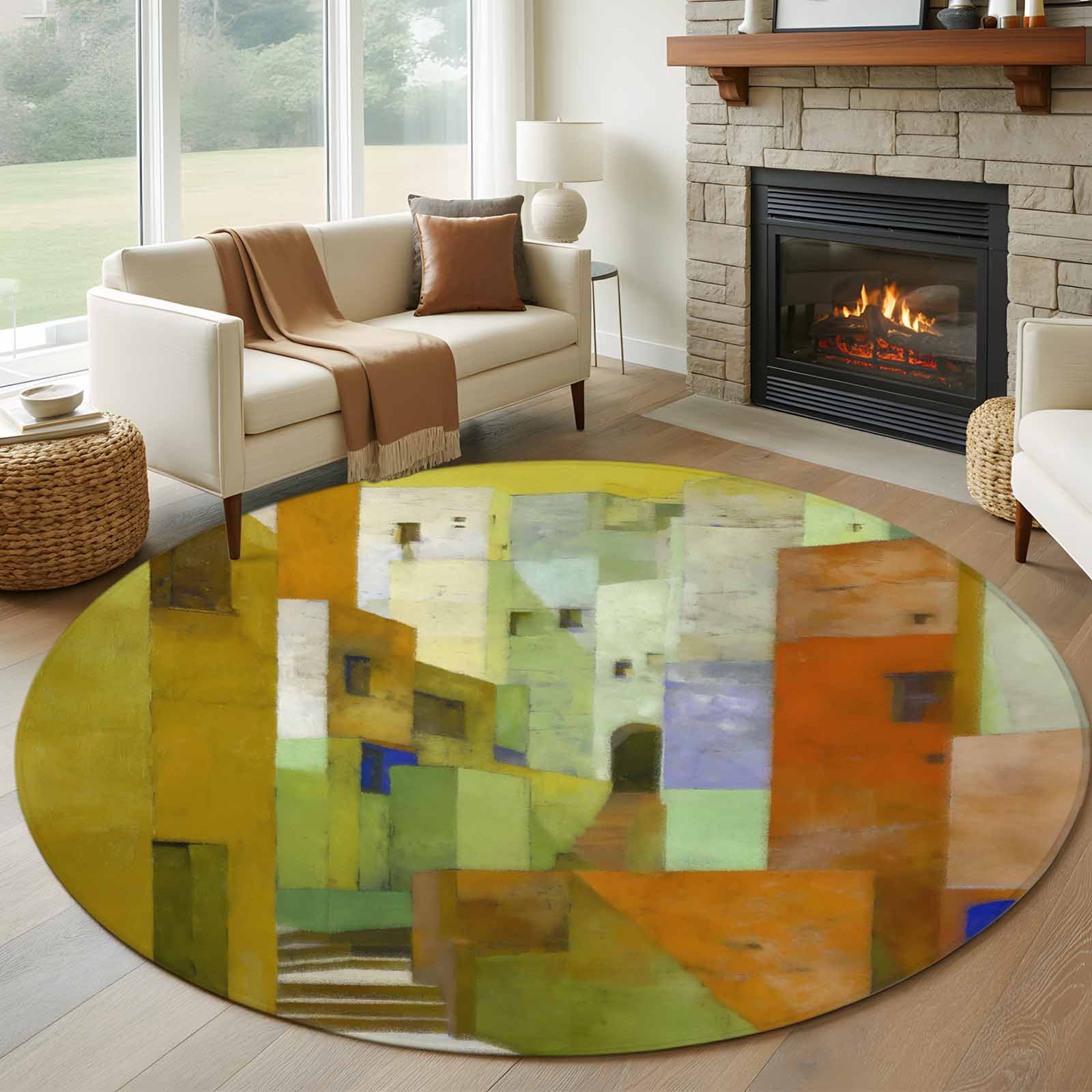 Abstract Yellow Round Rug 7ft Washable Circle Rugs Non Slip Painting ...
