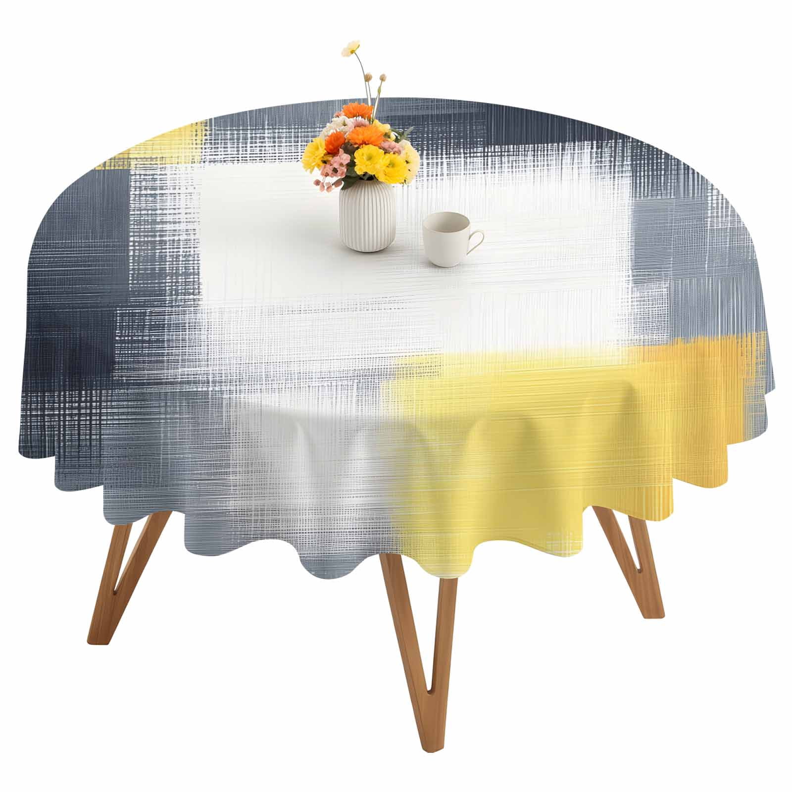 Abstract Yellow Round Tablecloth 54 inches Black Plaid Mottled ...