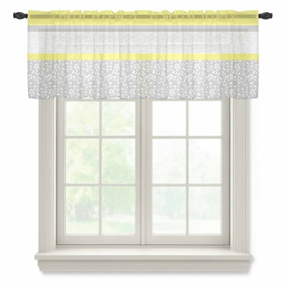 Abstract Yellow Semi Sheer Valance Curtains, Grey Stripes Floral Plant ...