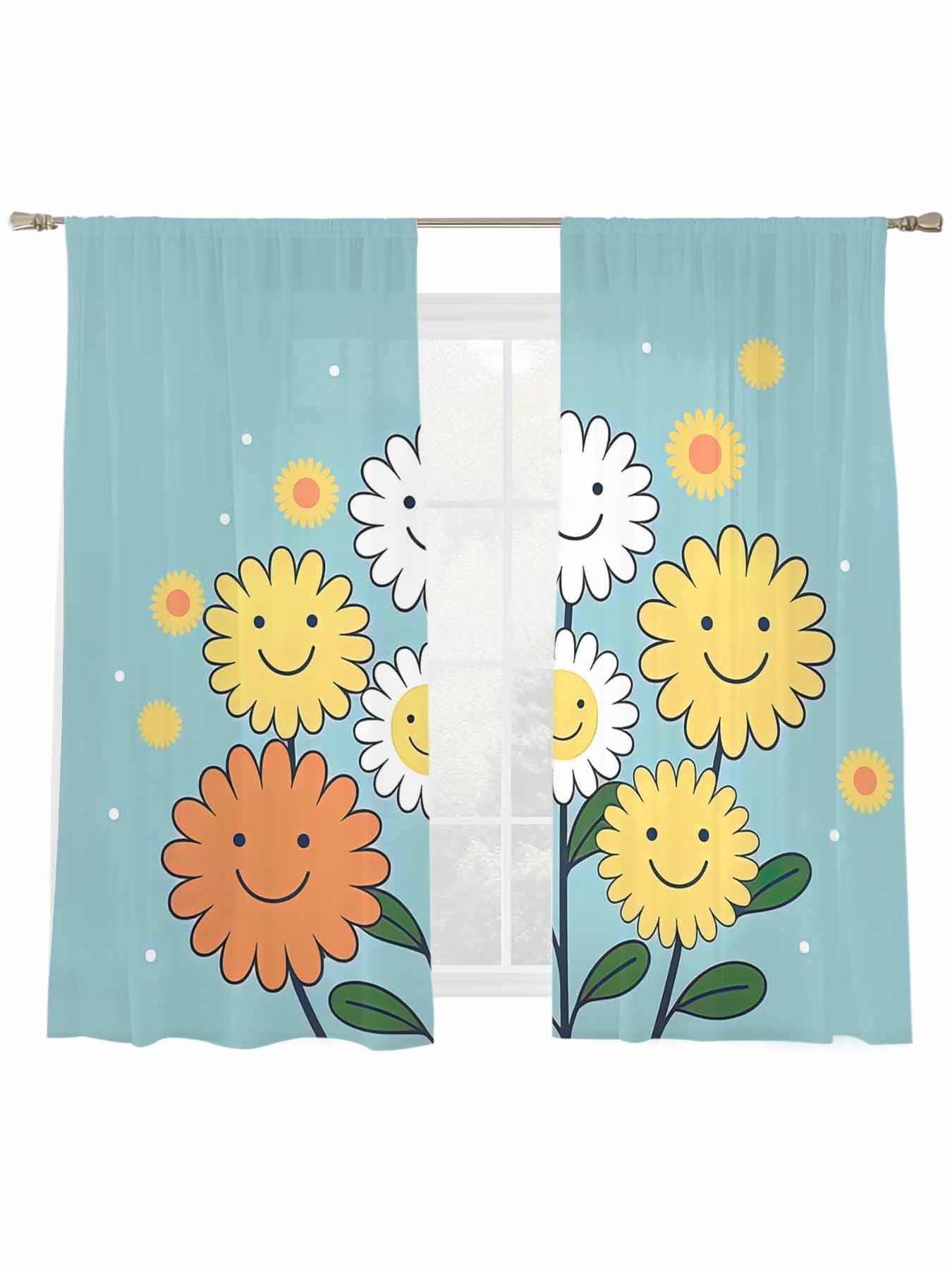 Abstract Yellow Sheer Curtains 2 Panels Set and White Smile Flowers ...