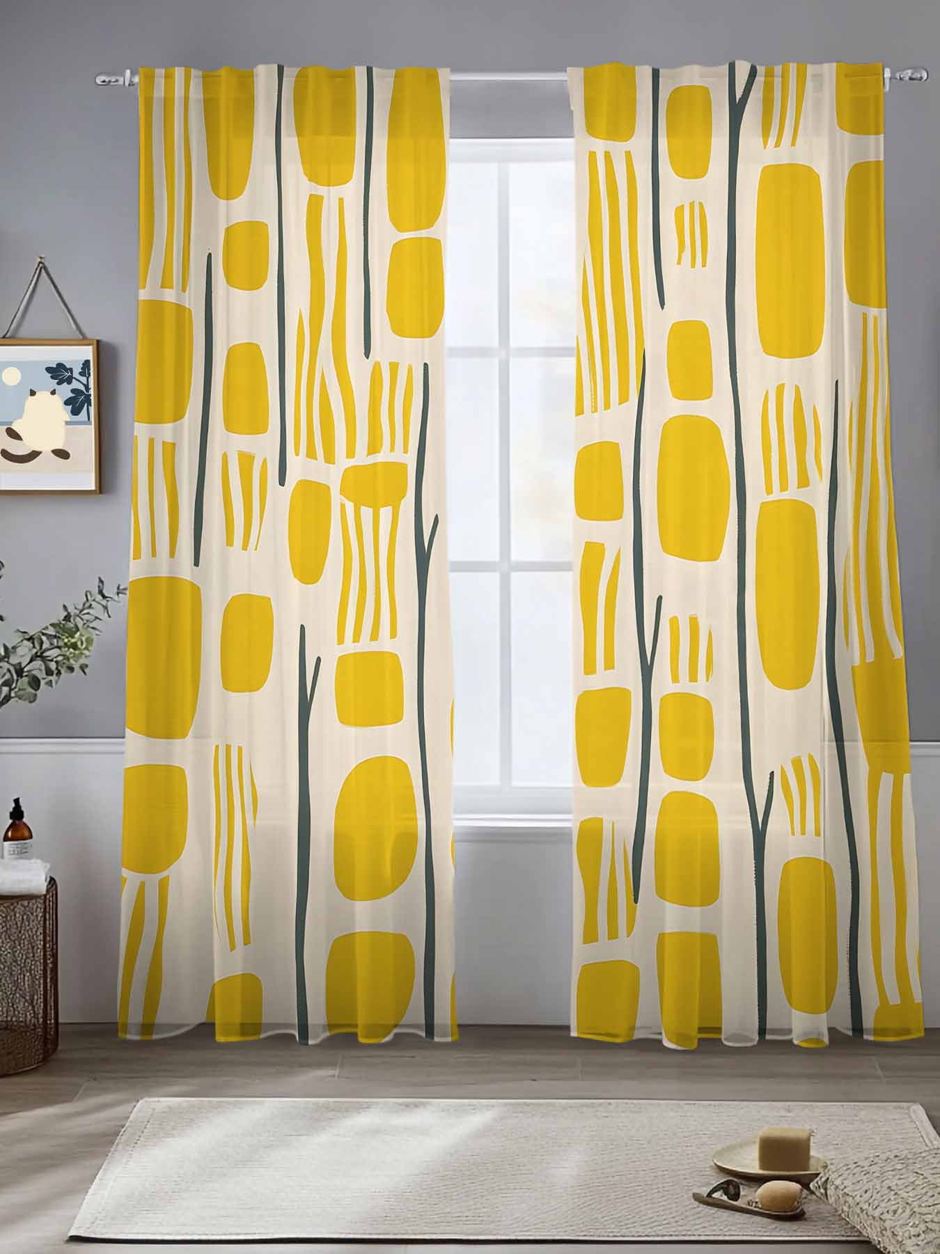 Abstract Yellow Sheer Curtains for Living Room Bedroom Geometric Color ...