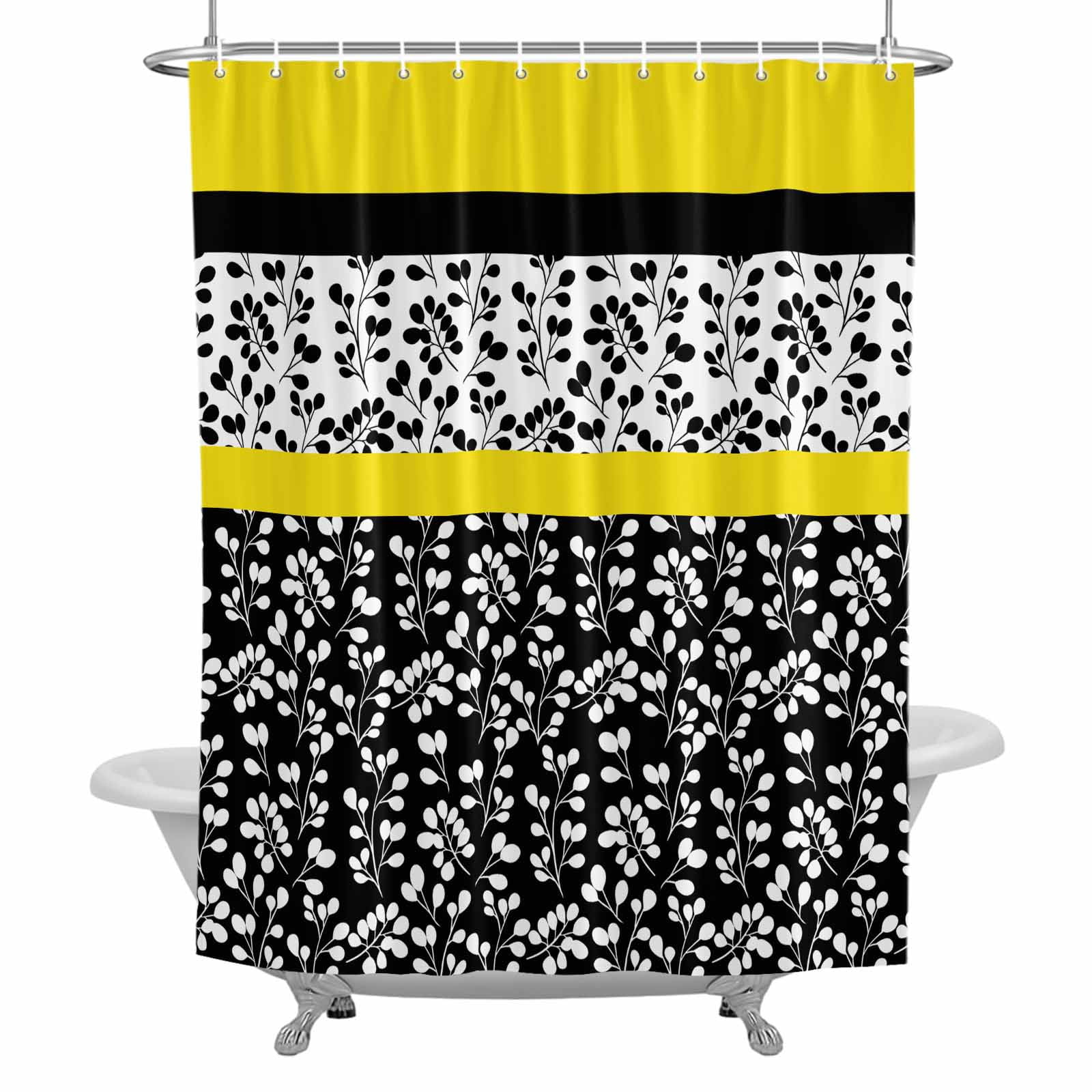 Abstract Yellow Shower Curtain for Bathroom, Black Stripes Floral Plant ...