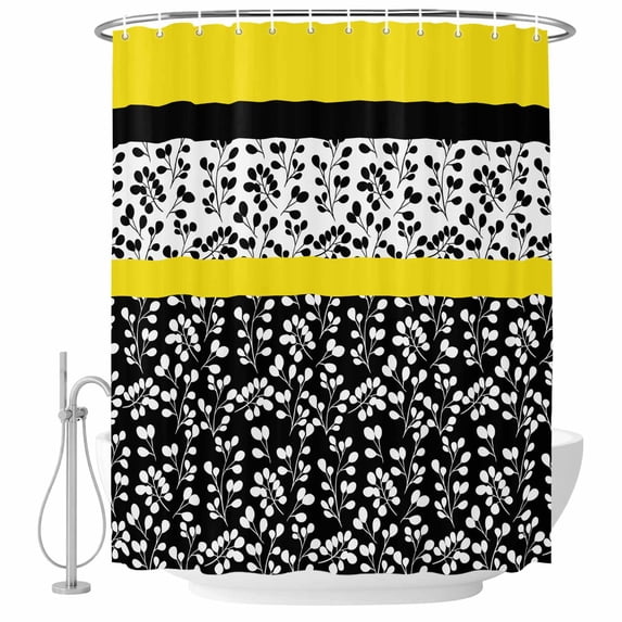 Abstract Yellow Shower Curtain Set with Hooks, Black Stripes Floral ...