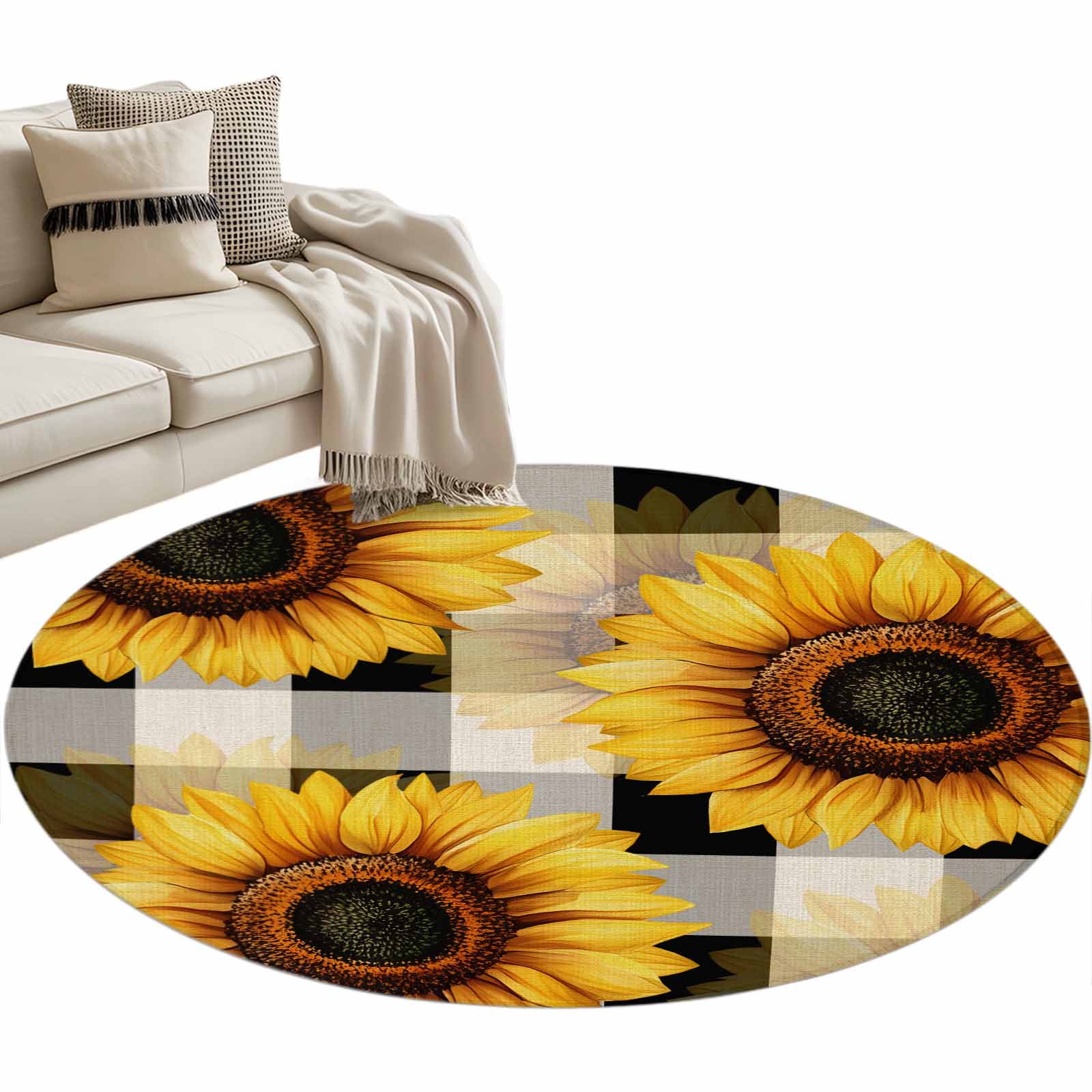 Abstract Yellow Sunflower Area Rug, Black White Plaid Linen Texture ...