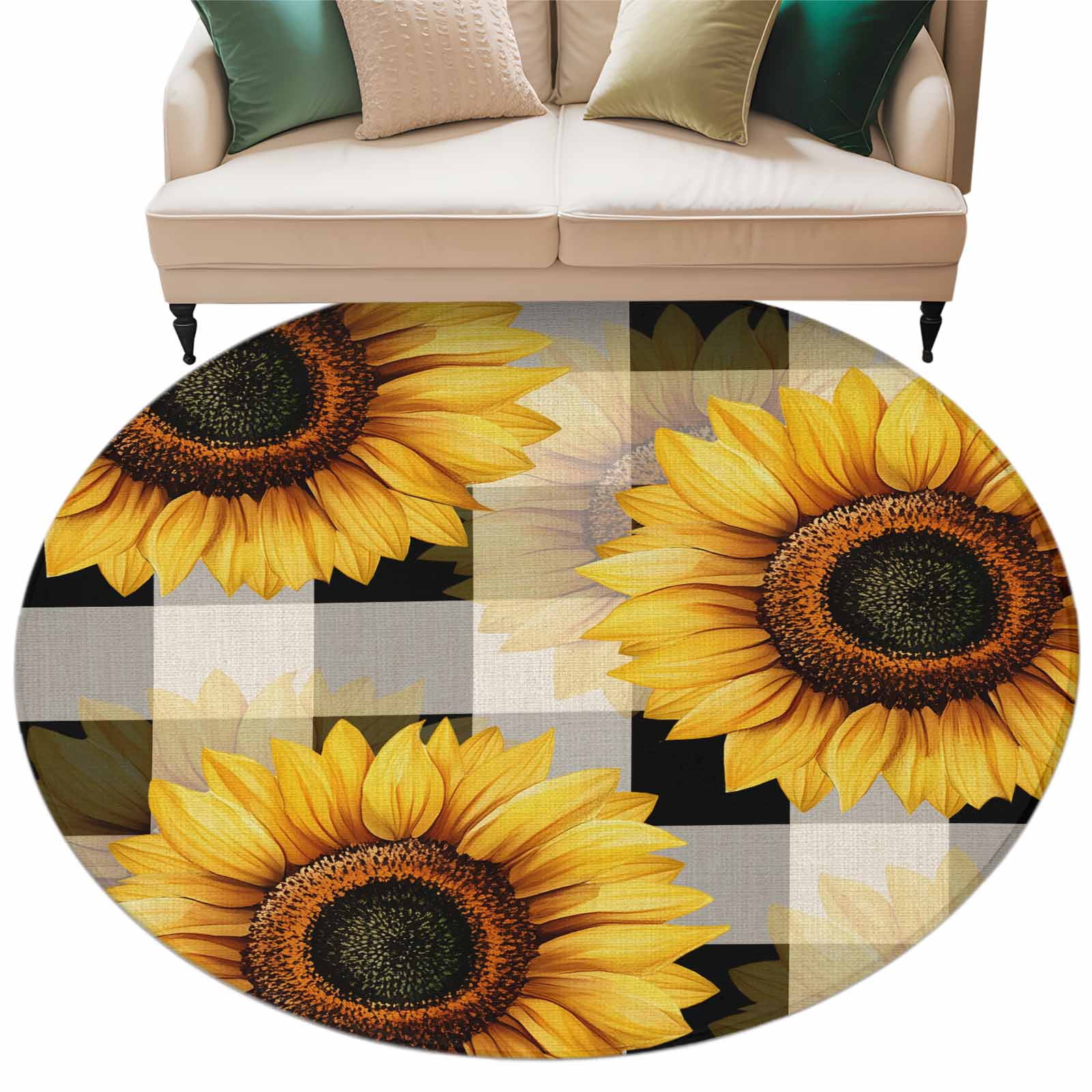 Abstract Yellow Sunflower Area Rug, Black White Plaid Linen Texture ...