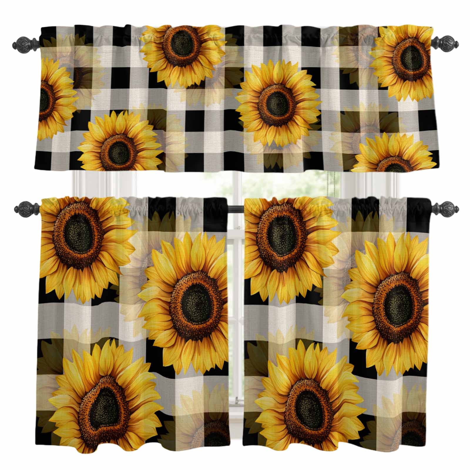 Abstract Yellow Sunflower Kitchen Curtains Valances and Tiers Set of 3 ...
