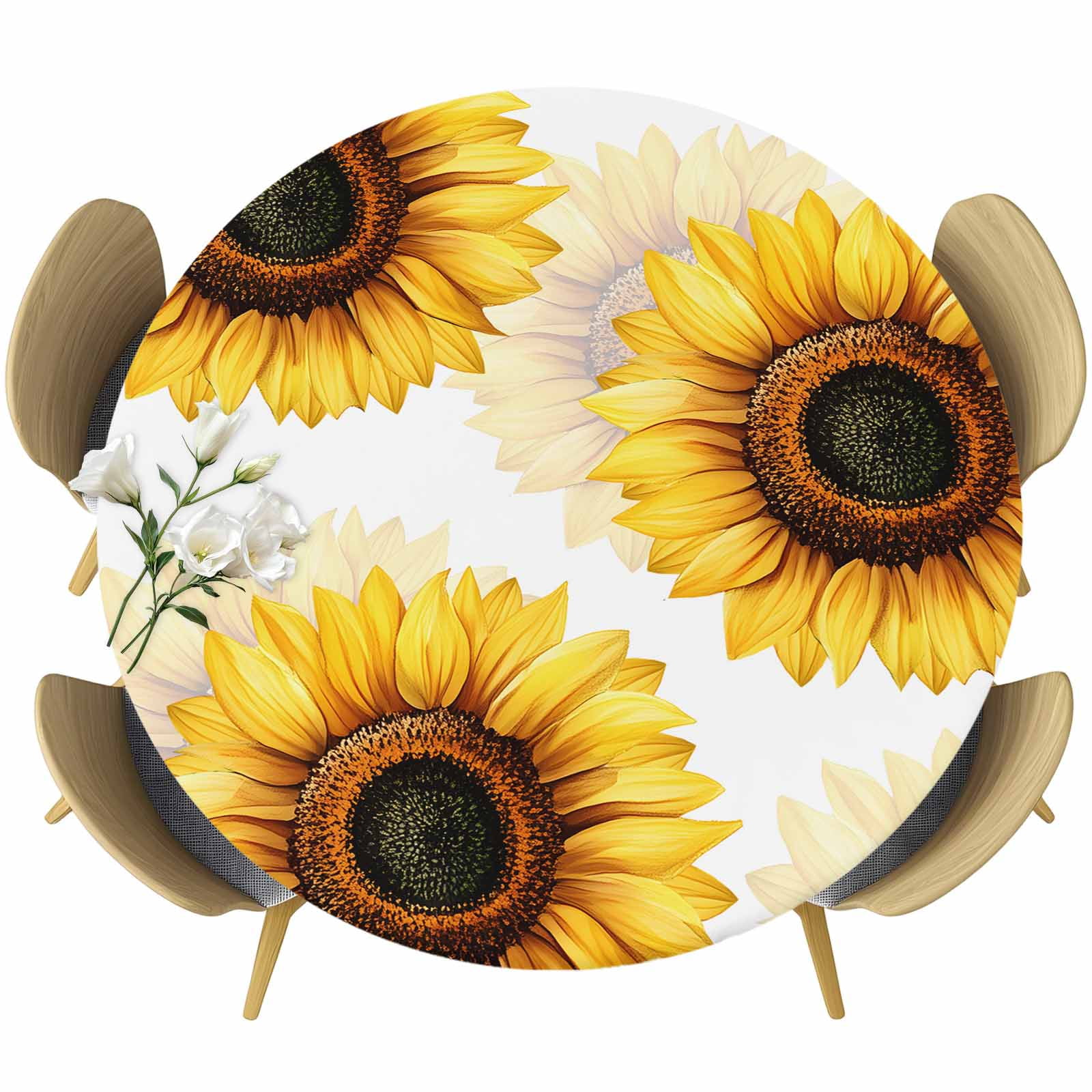 Abstract Yellow Sunflower Round Fitted Tablecloth with Elastic Edge ...