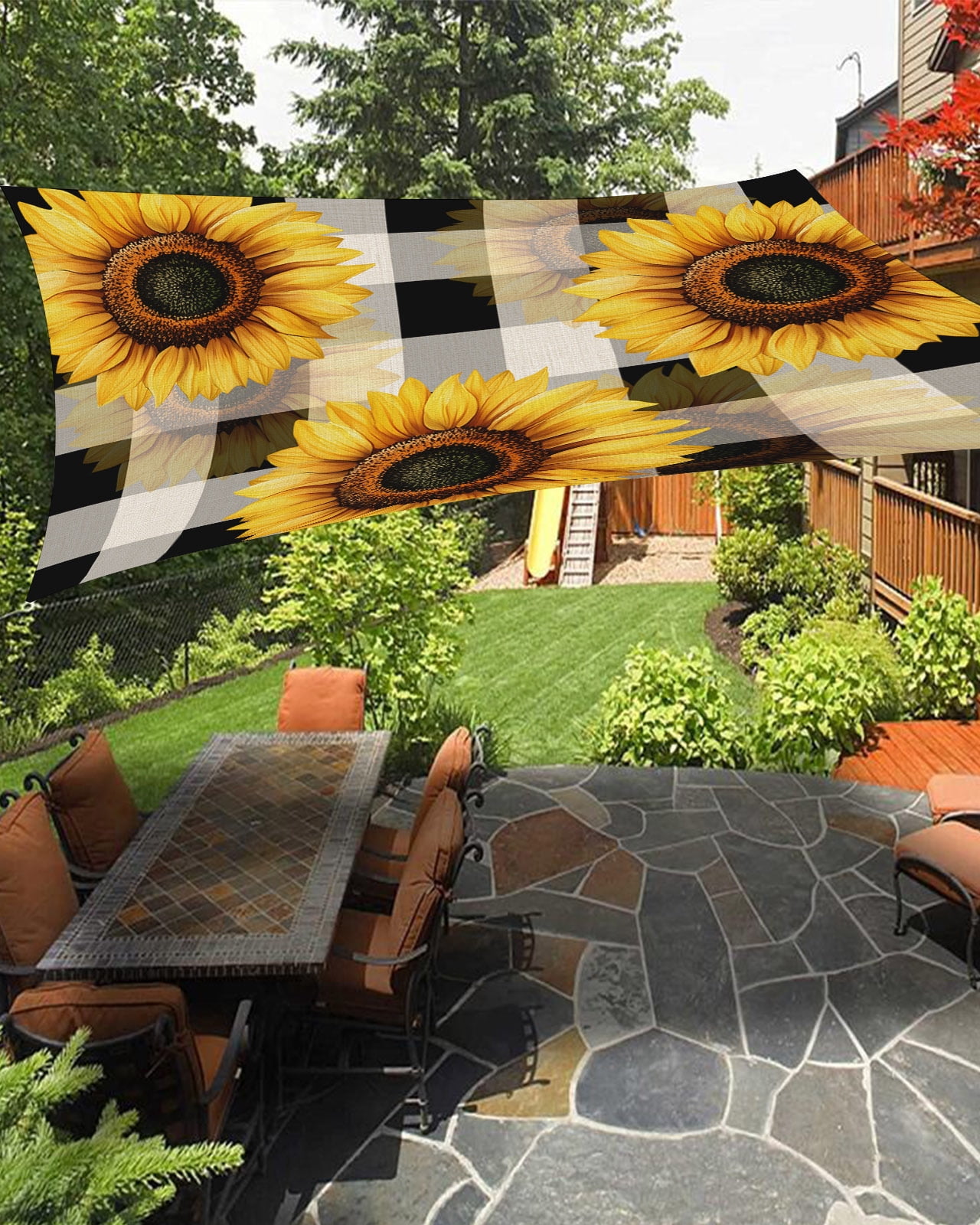 Abstract Yellow Sunflower Sun Shade Sail 8'X10' Black White Plaid Linen ...