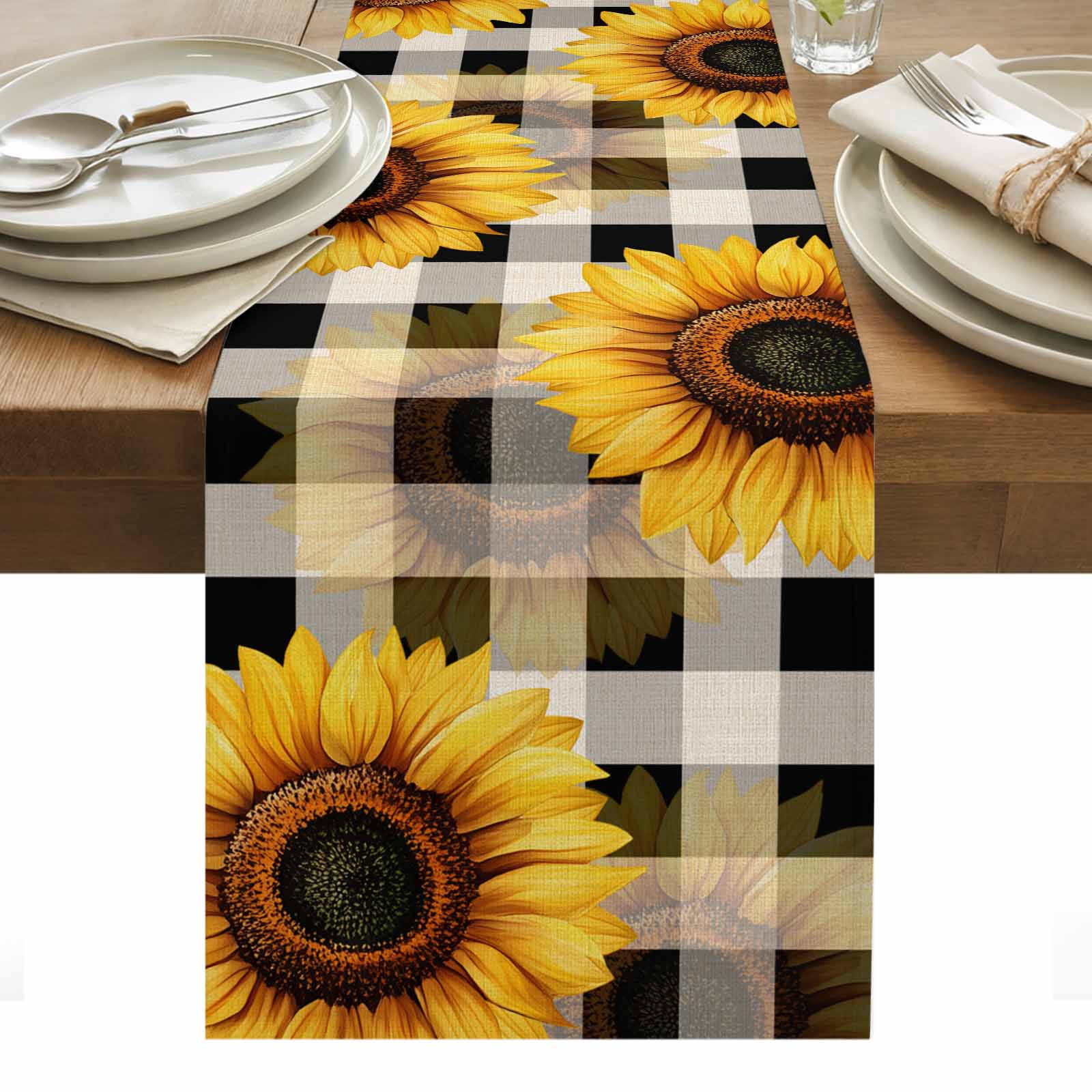 Abstract Yellow Sunflower Table Runner, Black White Plaid Linen Texture ...