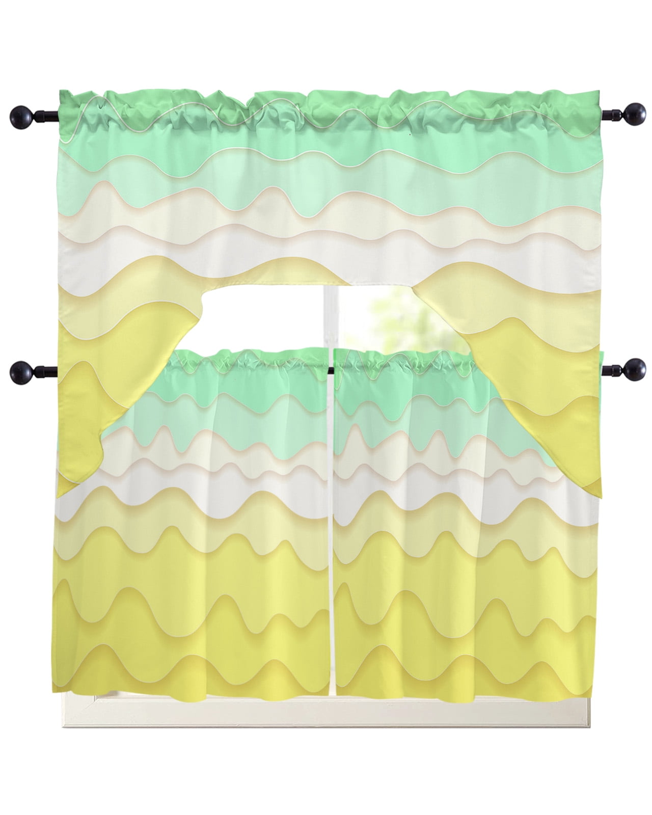 Abstract Yellow Swag Valance and Tier Curtains Set Green and White ...