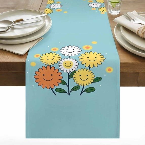 Abstract Yellow Table Runner 13x108 inch and White Smile Flowers Blue ...