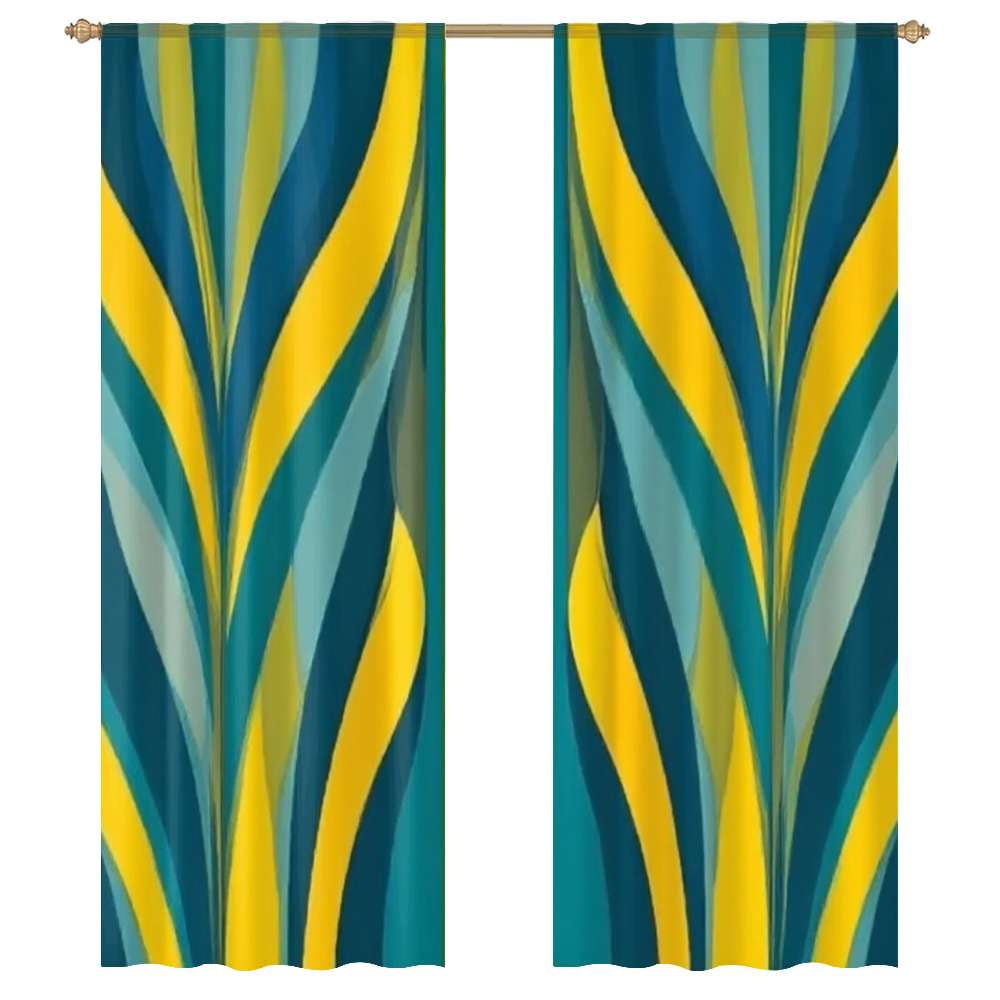 Abstract Yellow Teal Wave Pattern Sheer Voile Curtain Window Tulle ...